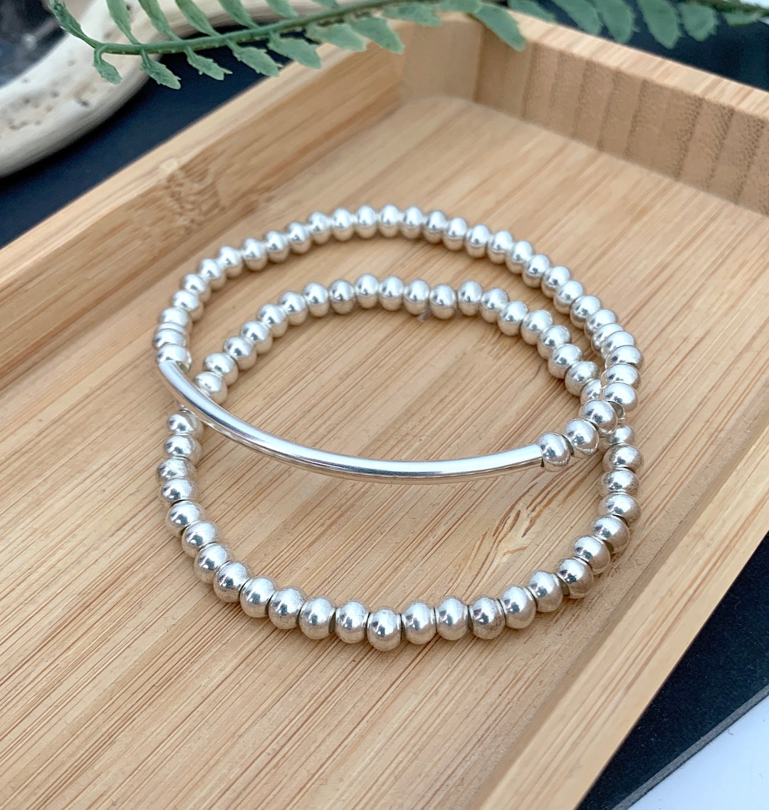 Silver Plated Beaded Bracelet Set: Zamak Stretch Bracelets - Etsy