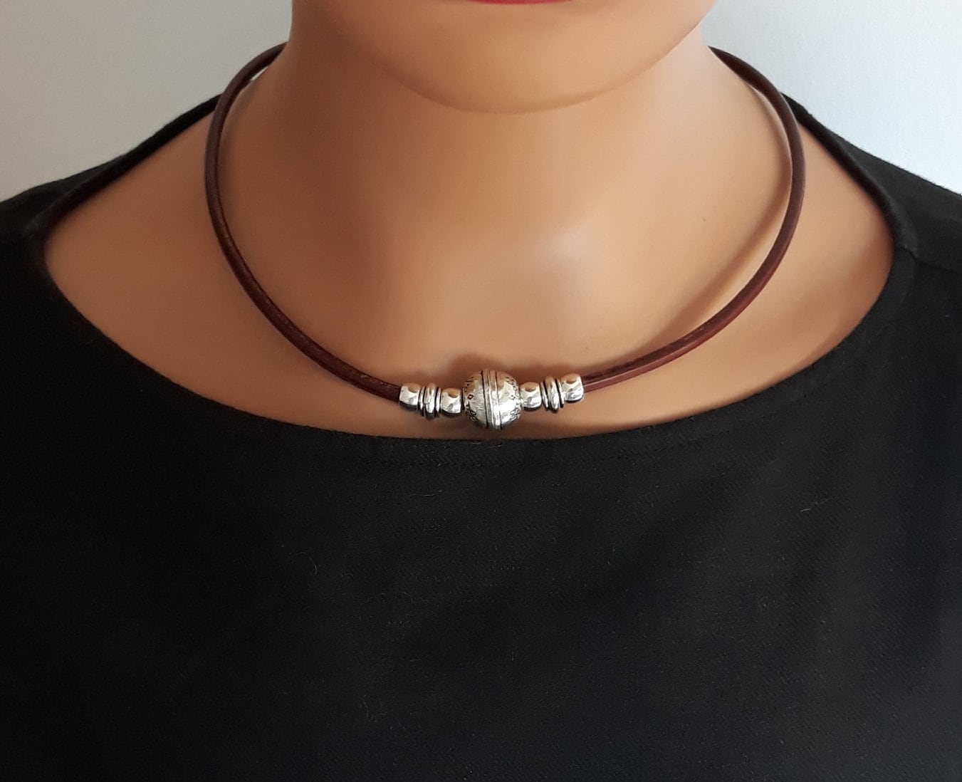 Leather Choker With Magnetic Clasp Silver Beaded Choker | Etsy