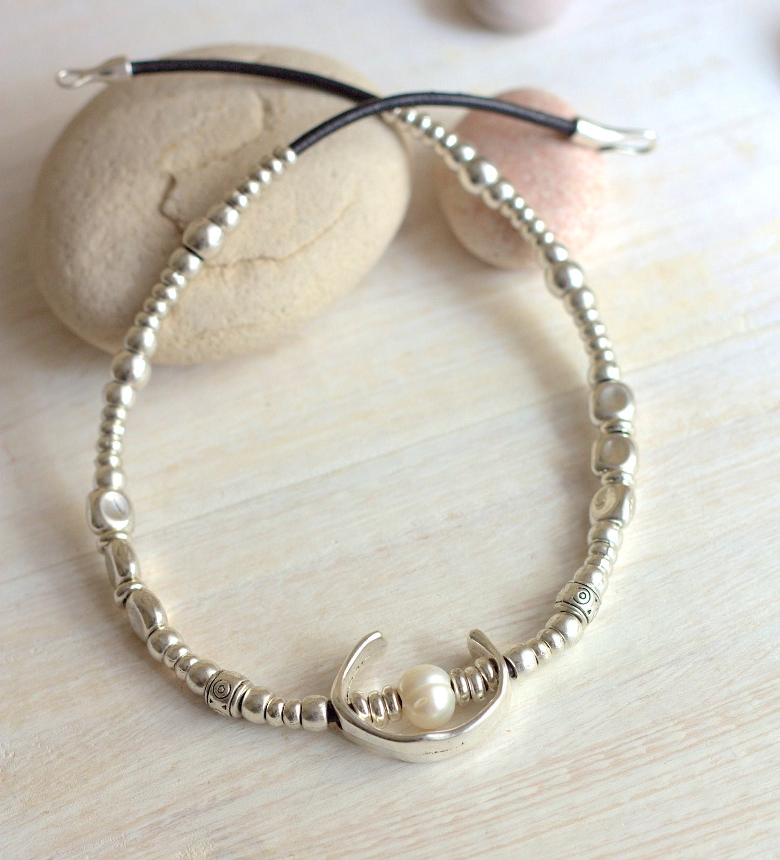 Silver Bib Necklace Pearl Necklace Silver Necklace Silver Beaded ...