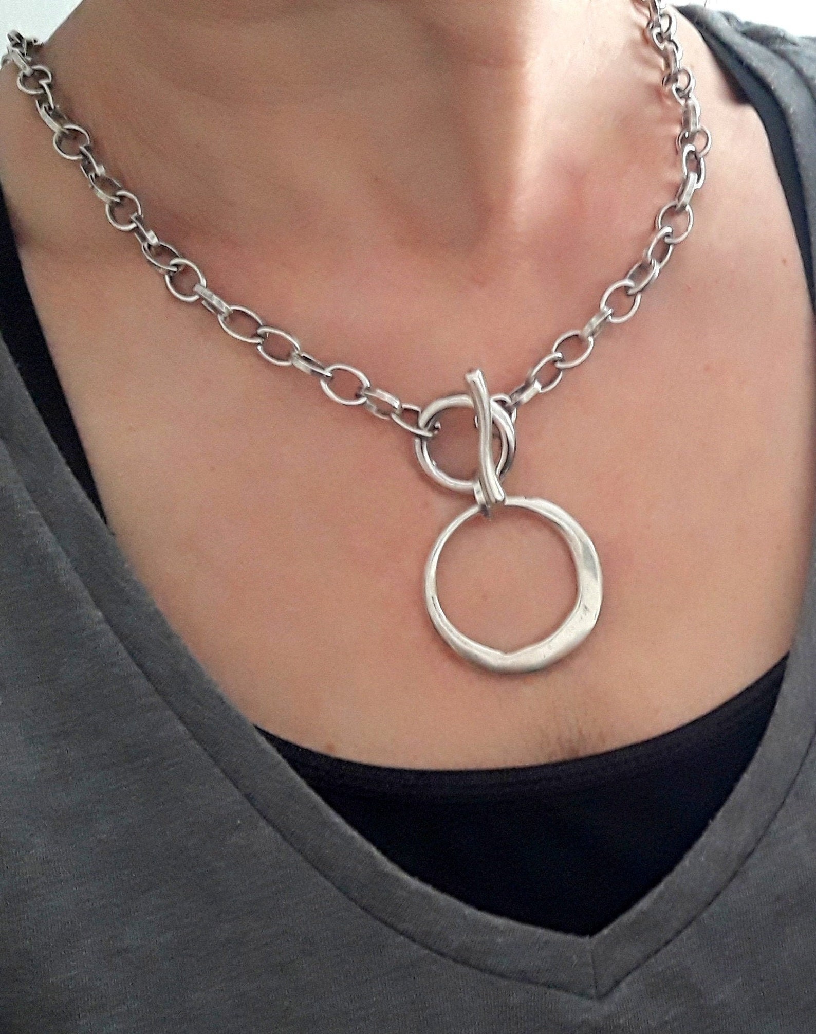 Silver Circle Pendant for Her Silver Thick Oval Chain - Etsy