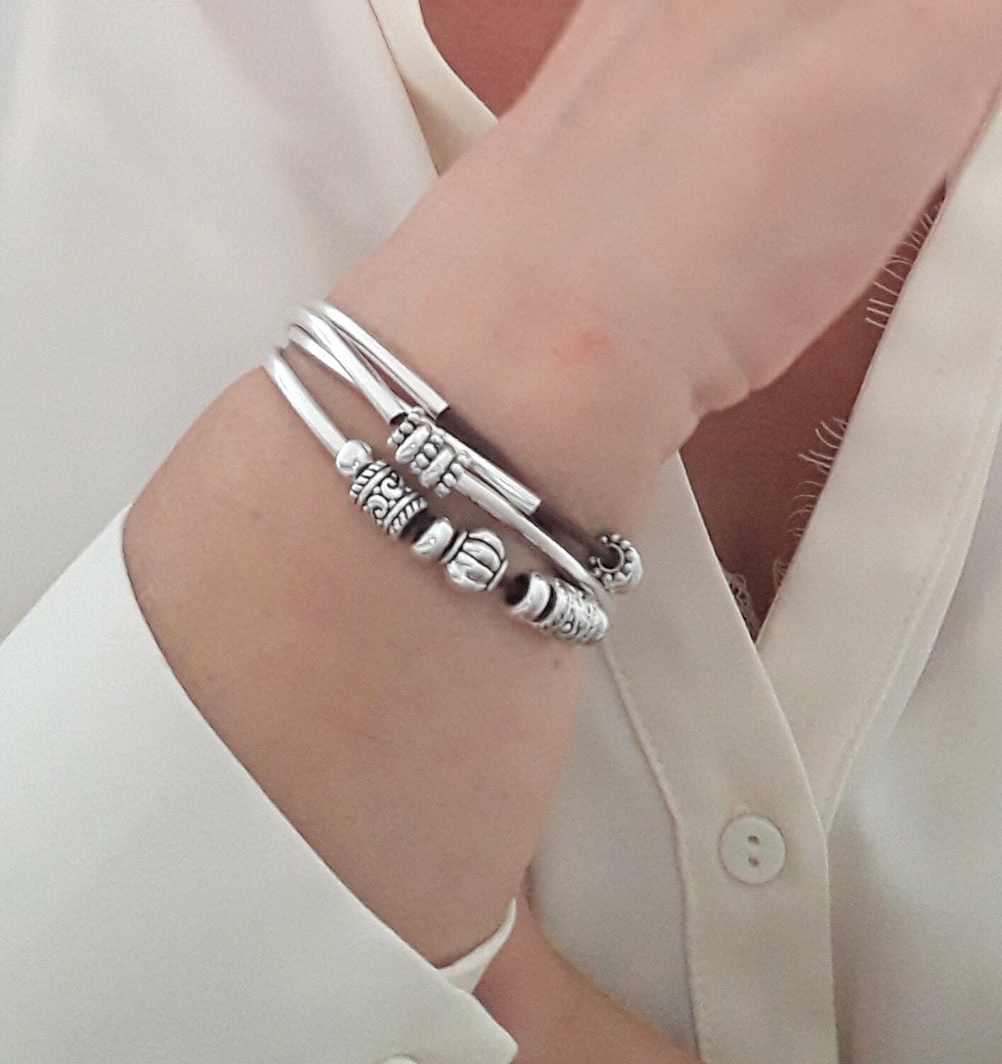 Silver Wrap Bracelet for Women, Wrap Bracelet, Double-strand Leather ...