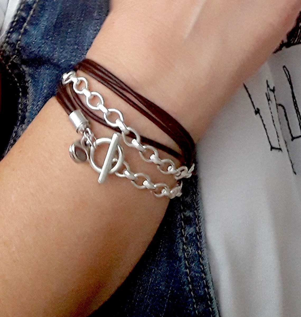Leather and Chain Bracelet Wrap Leather Chain Cuff Boho - Etsy