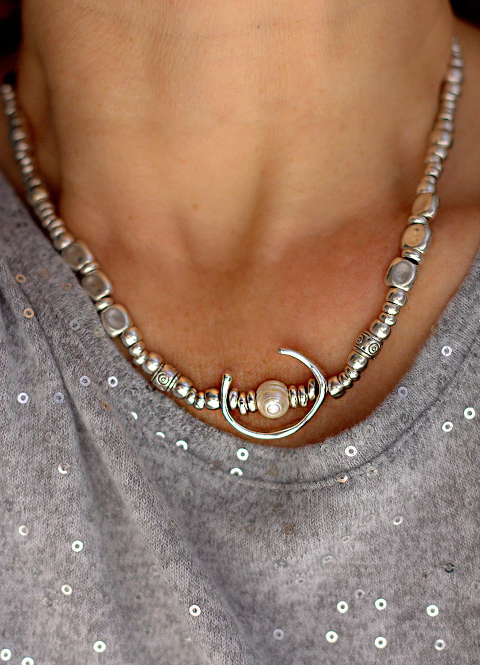 Silver Bib Necklace Pearl Necklace Silver Necklace Silver Beaded ...