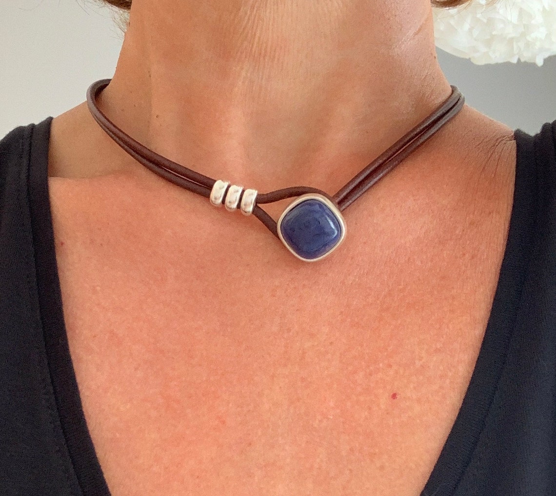 Silver Choker Necklace, Blue Leather Choker, Women Choker Necklace ...