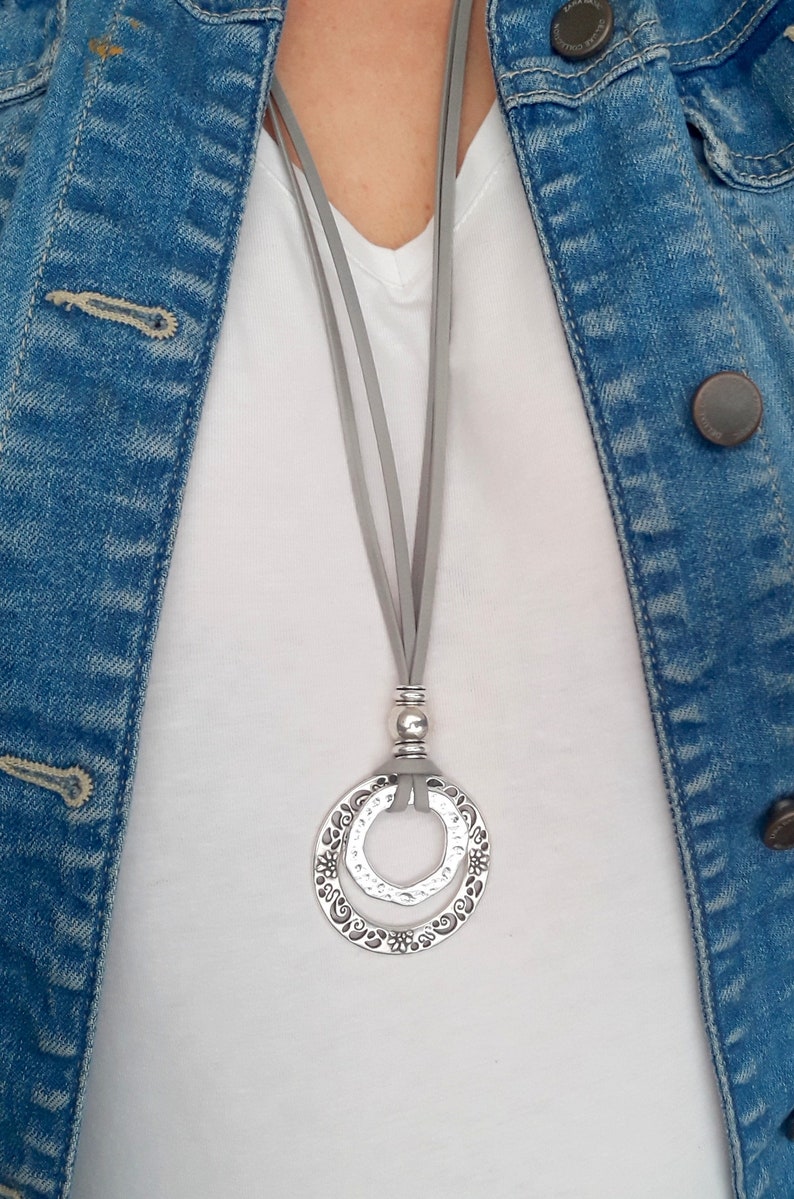 Silver Hammered Ring Necklace, Long Leather Necklace for Women, Loop ...
