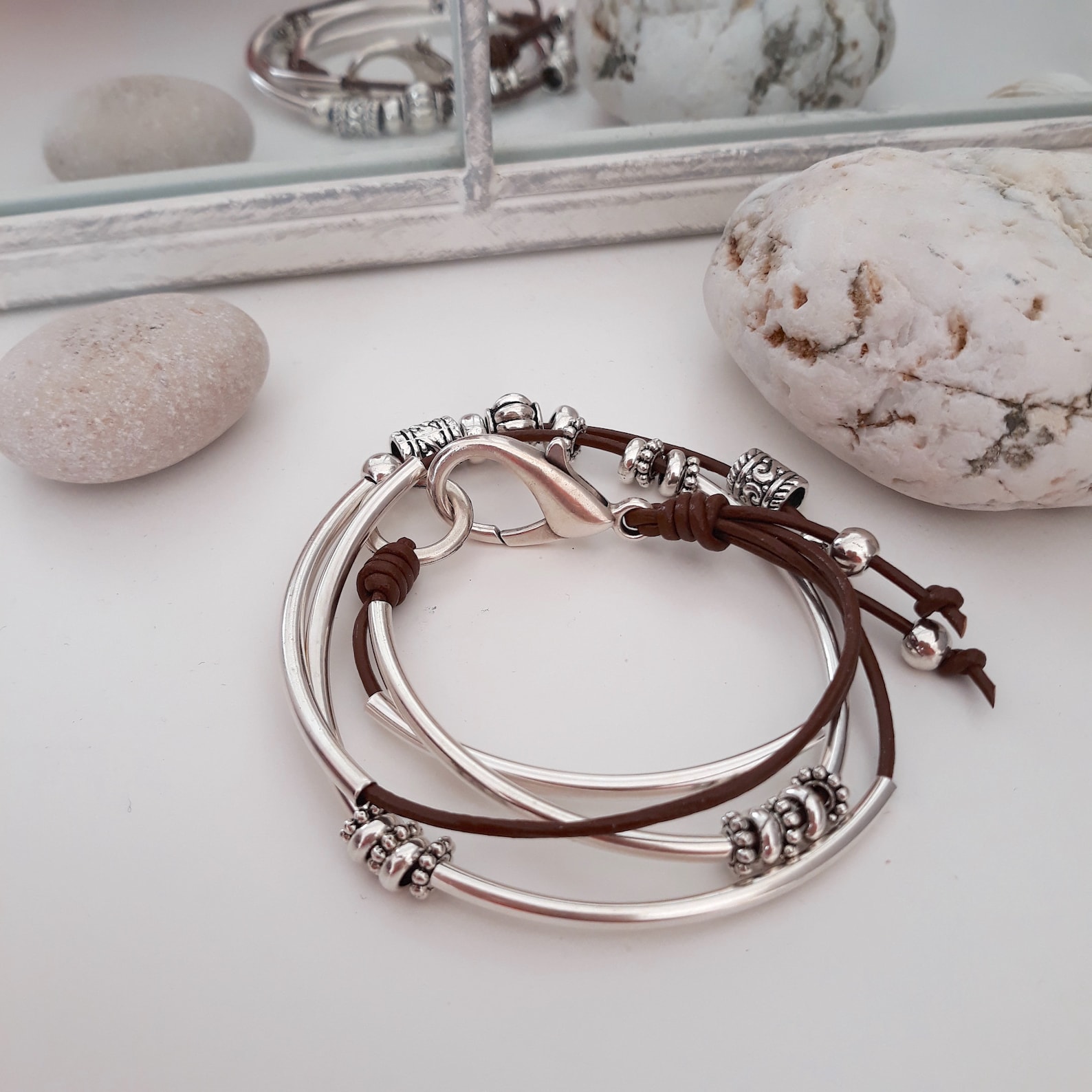 Silver Wrap Bracelet for Women, Wrap Bracelet, Double-strand Leather ...