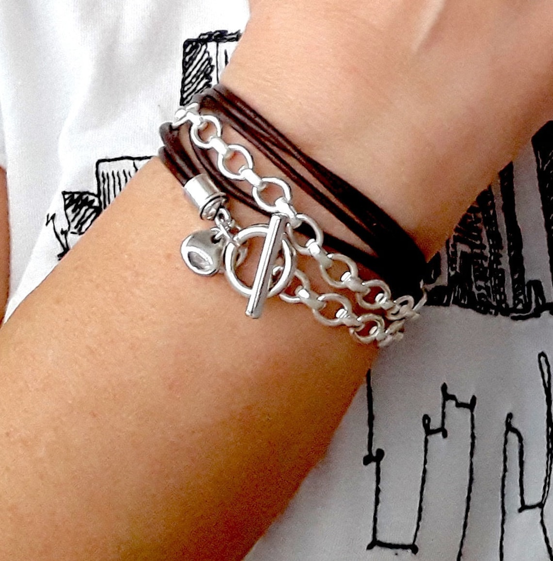 Leather and Chain Bracelet Wrap Leather Chain Cuff Boho - Etsy