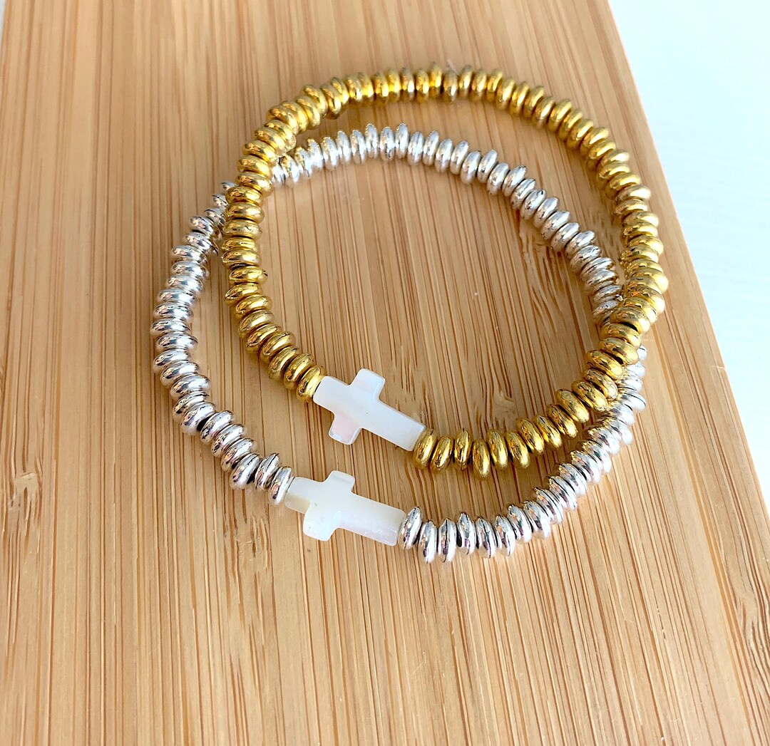 Gold and Silver Beads Cross Bracelets, Cross Charm, Boho Chic ...