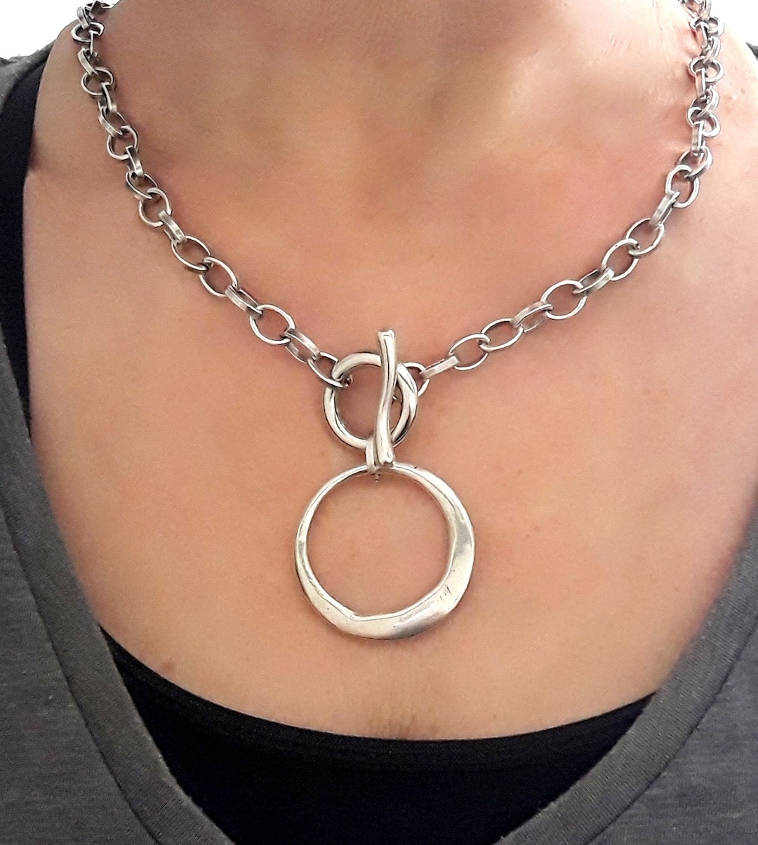 Silver Circle Pendant for Her, Silver Thick Oval Chain Necklace, Thick ...