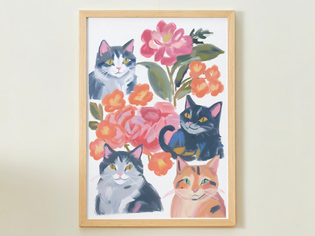 Flower Cats Cat Poster, Flowers and Cats, Flower Art Print, Cat Art ...