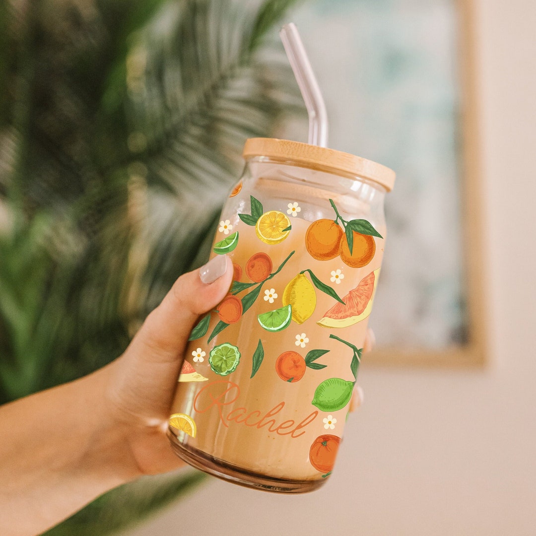 Personalized Citrus Fruit Glass Cup, Summer Smoothie Tumbler With Lemon ...