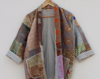 Block Print Kantha Robe, Kantha Jacket, Handmade Floral Print ...