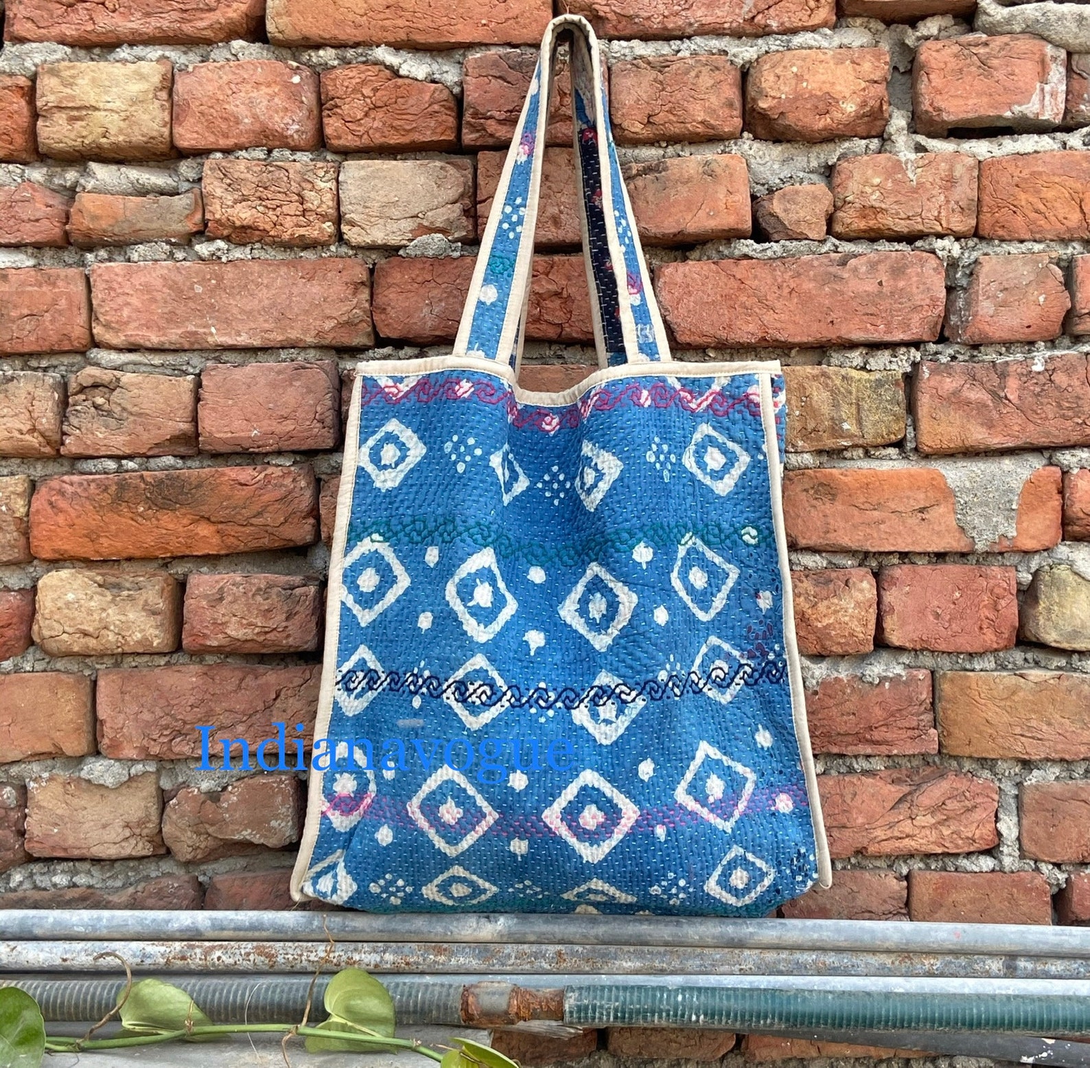 Vintage Indogo Kantha Hand Print Tote Bag Indian Handmade Boho - Etsy