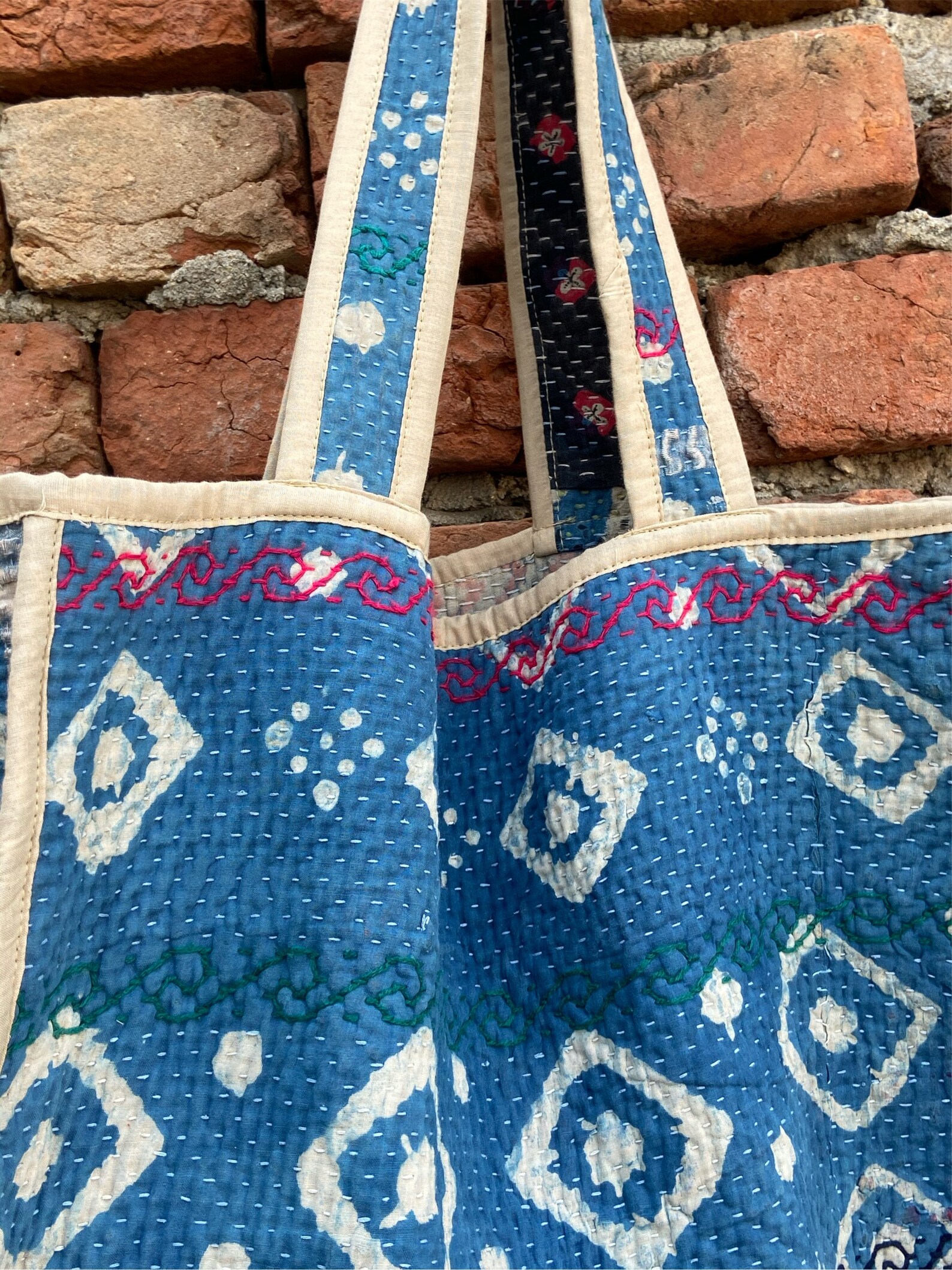 Vintage Indogo Kantha Hand Print Tote Bag Indian Handmade Boho - Etsy