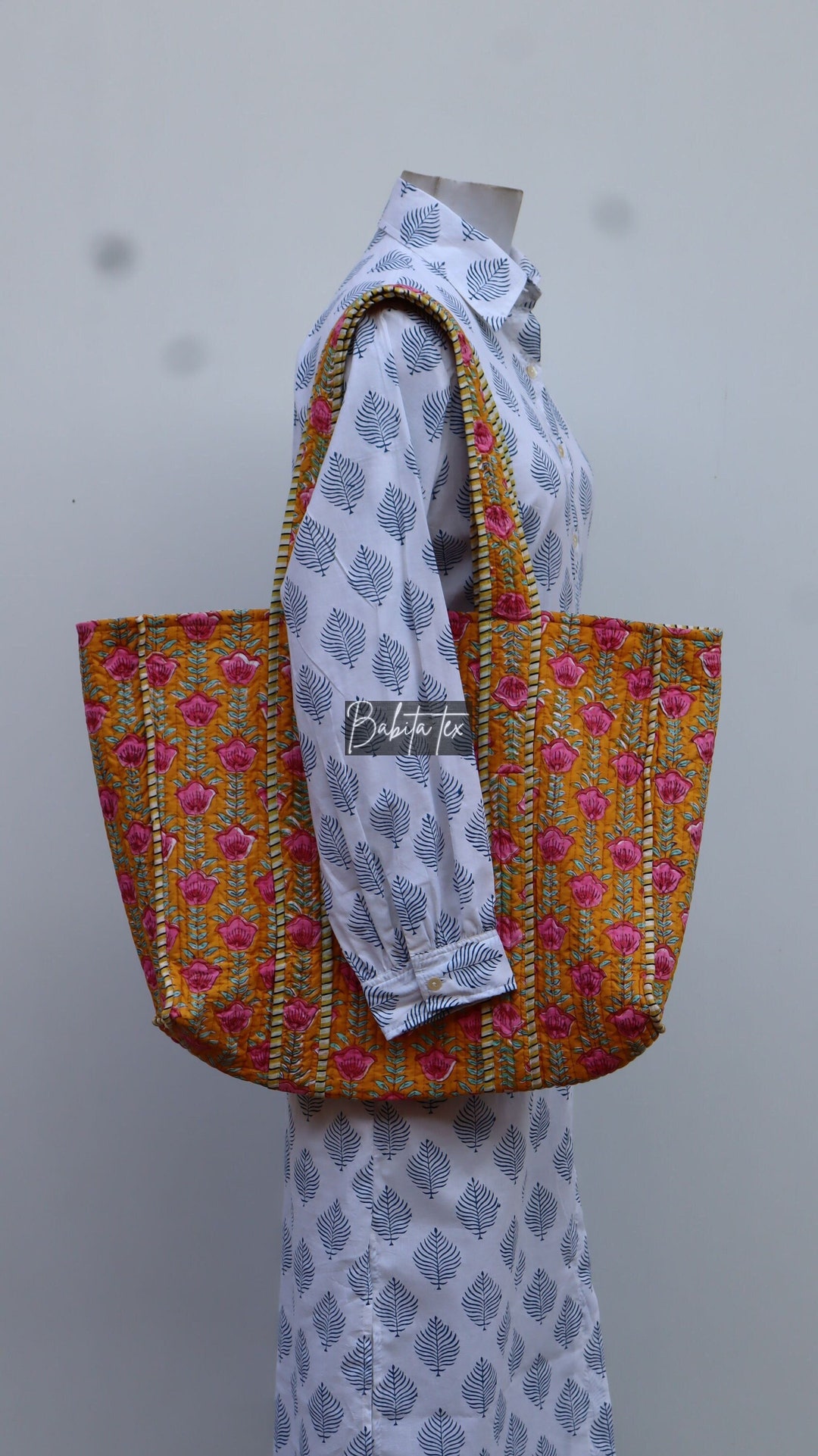 Handmade Quilted Tote Shopping Bag, Floral Print Cotton Market Bag ...
