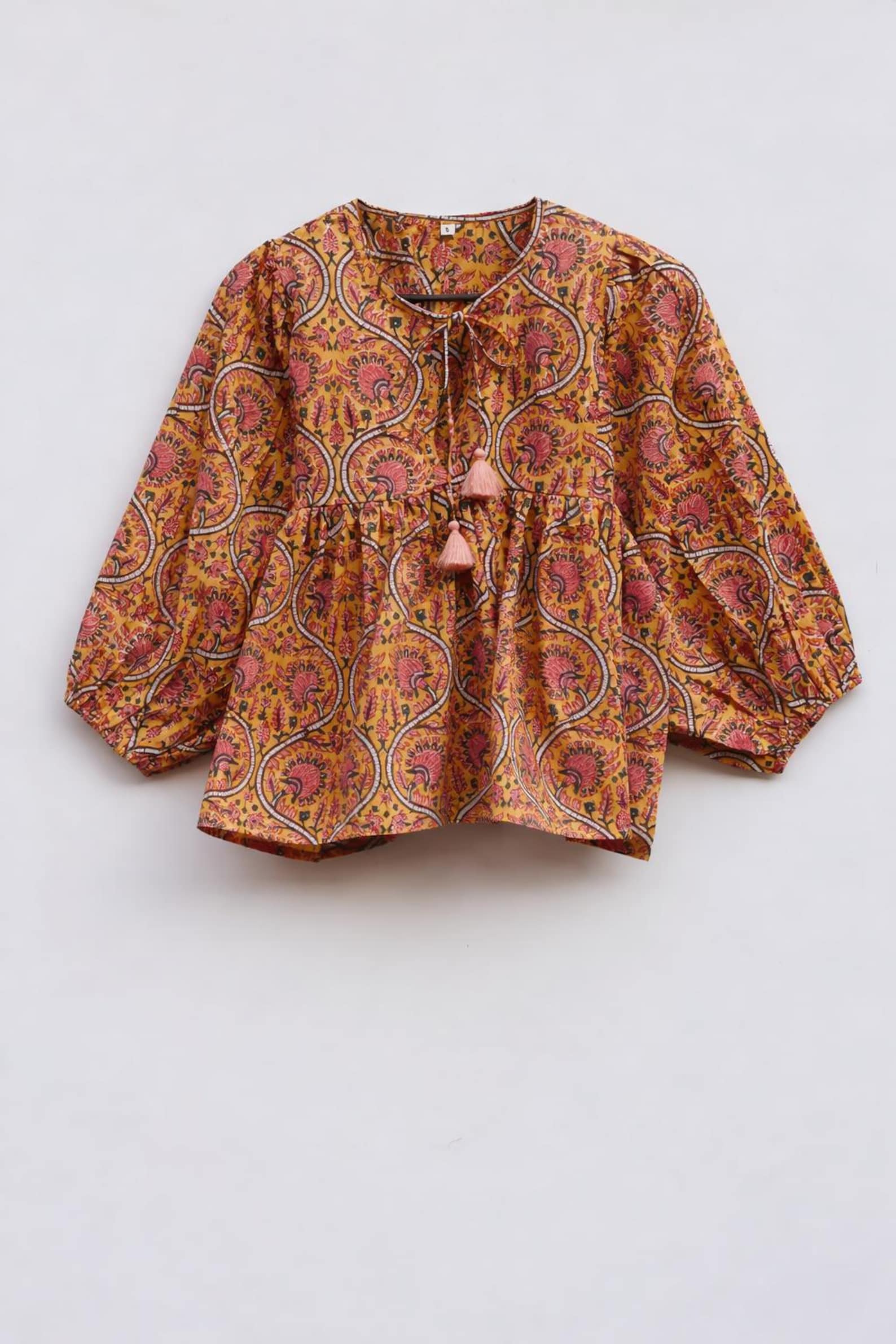 Hand Block Print Cotton Blouse, Boho Floral Tassel Tunic Top - Etsy