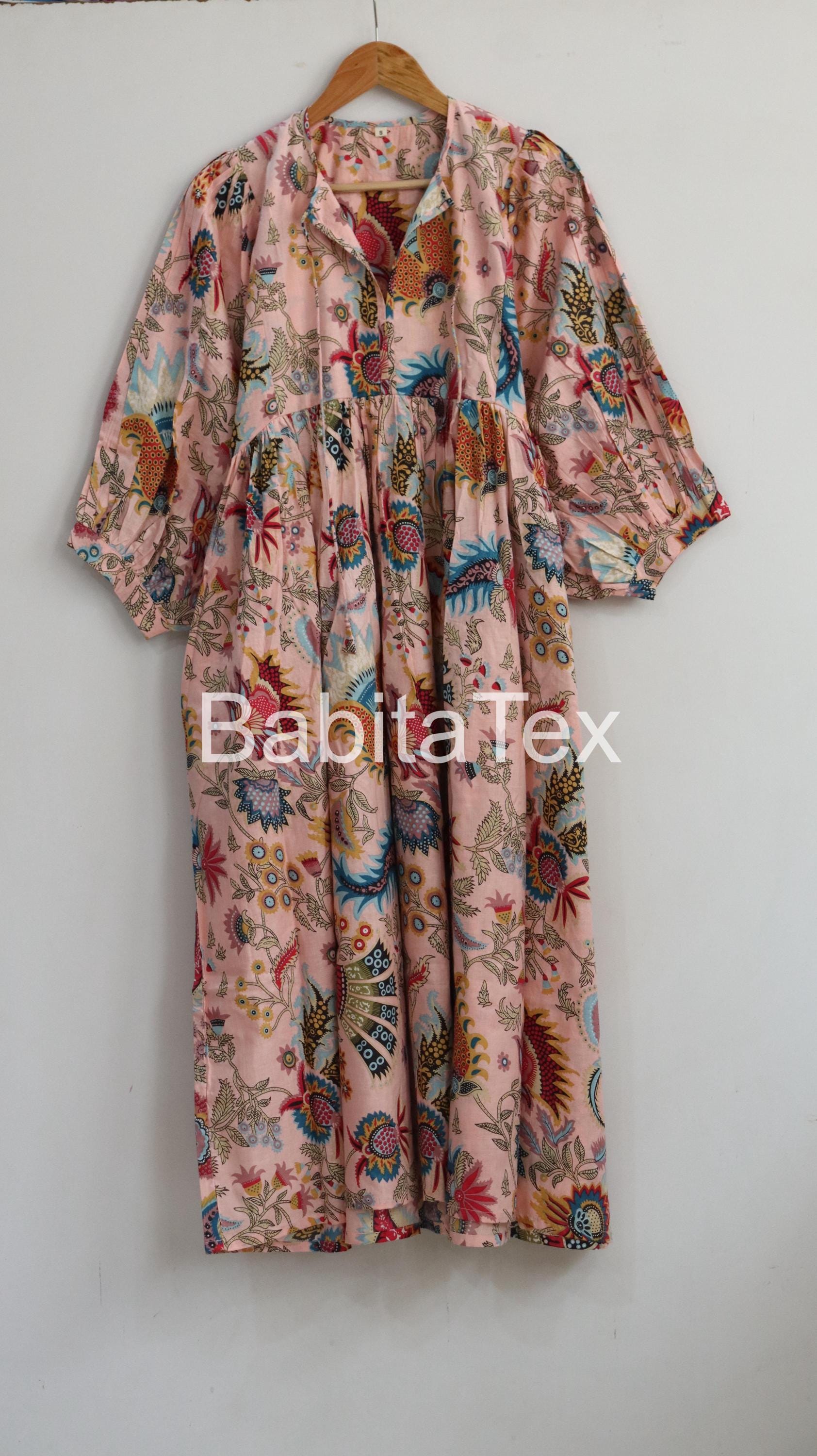 Pink Floral Cotton Dress, Hand Block Print, Boho Midi Dress - Etsy