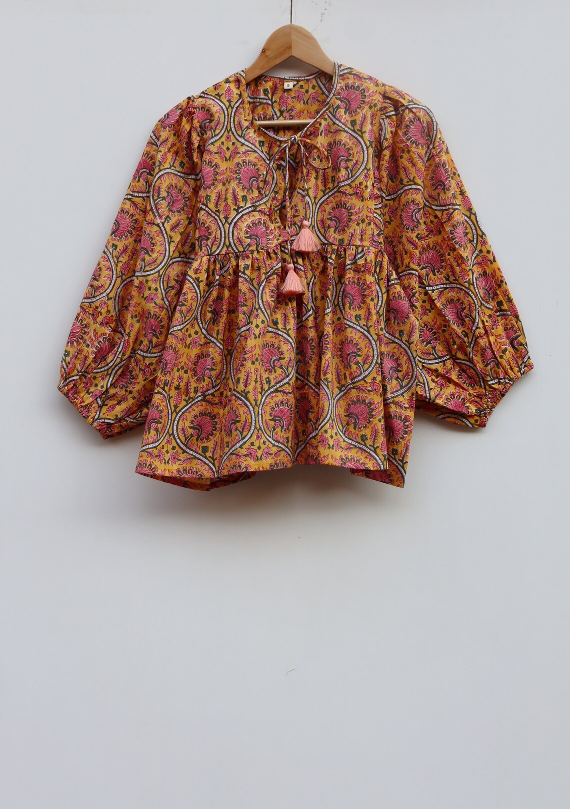 Hand Block Print Cotton Blouse, Boho Floral Tassel Tunic Top - Etsy