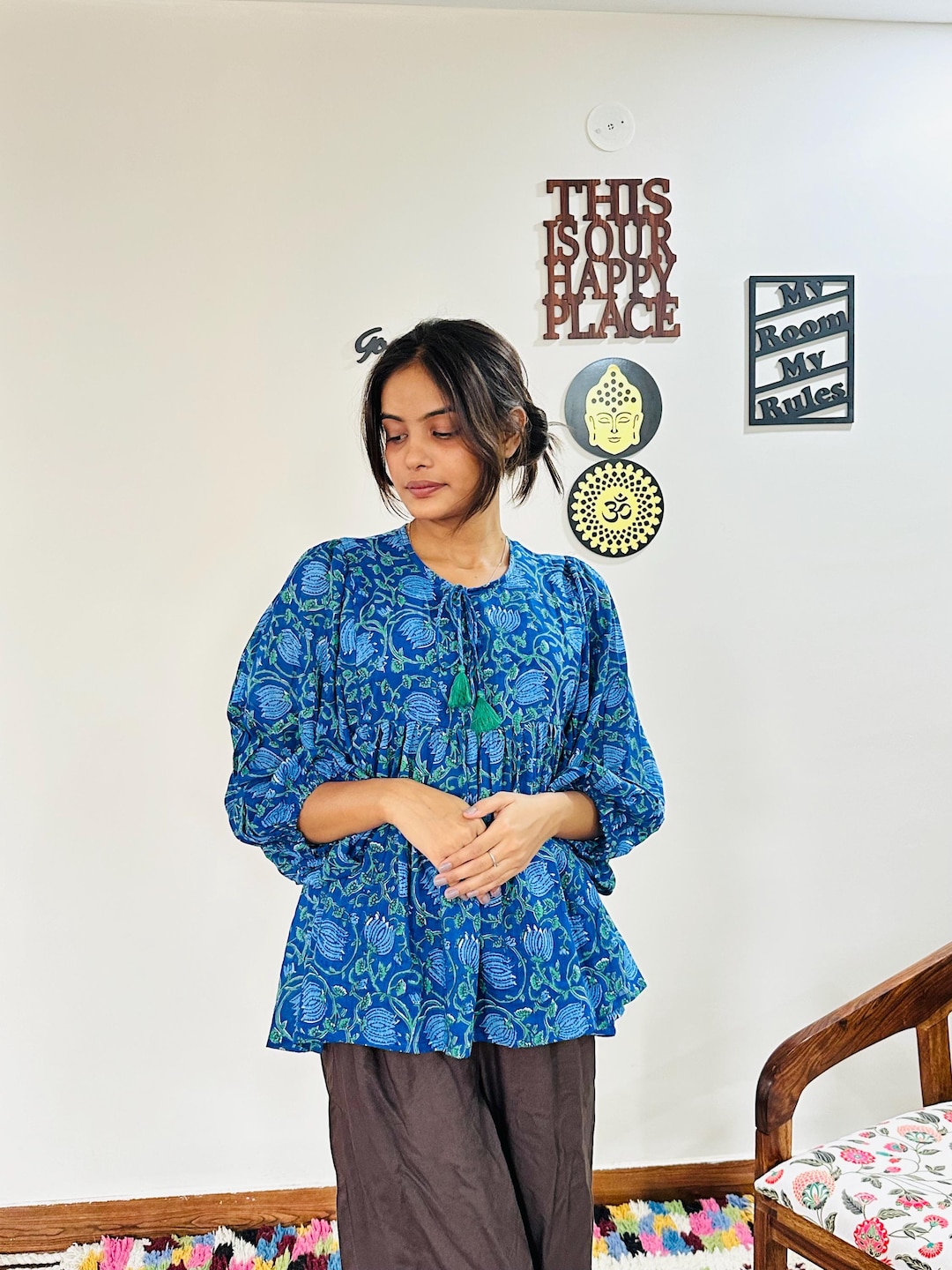 Blue Floral Block Print Cotton Tunic Top | Boho Chic Peplum Blouse - Etsy