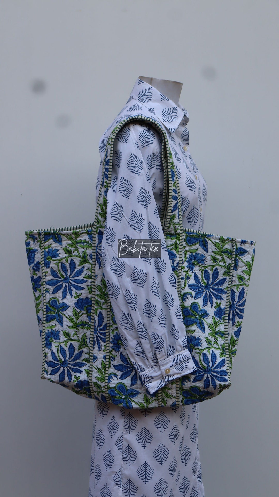 Handmade Quilted Tote Shopping Bag, Floral Print Cotton Market Bag ...