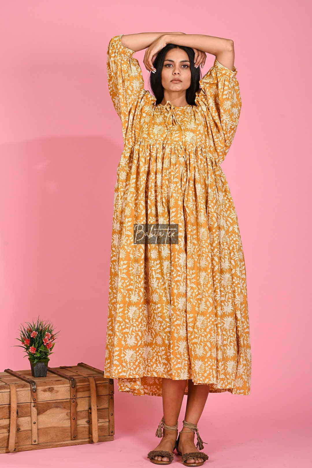 Hand Block Print Cotton Midi Dress: Bohemian Kyra Style, Spring Closer ...