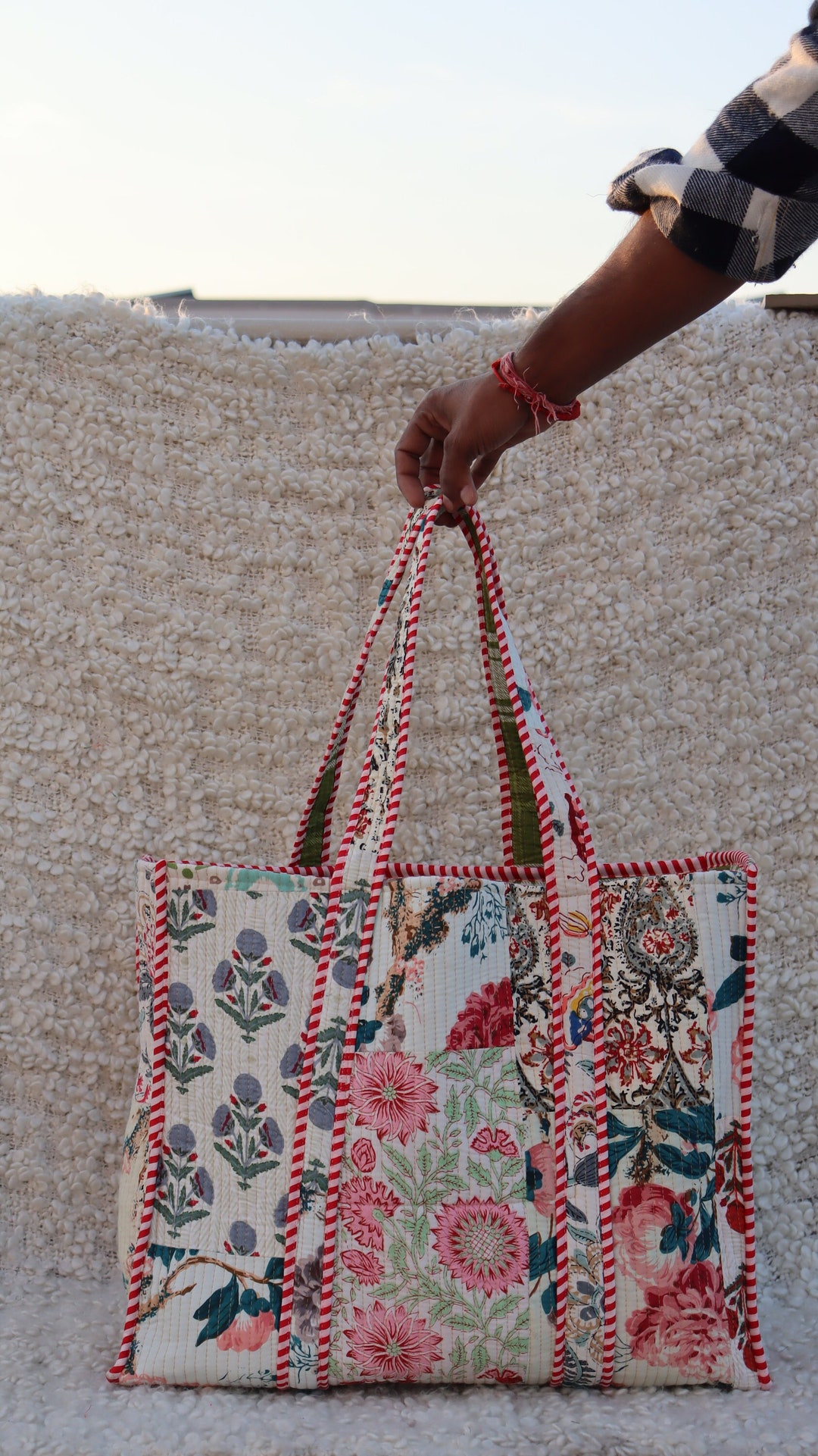 Handmade Quilted Tote Shopping Bag, Floral Print Cotton Market Bag ...