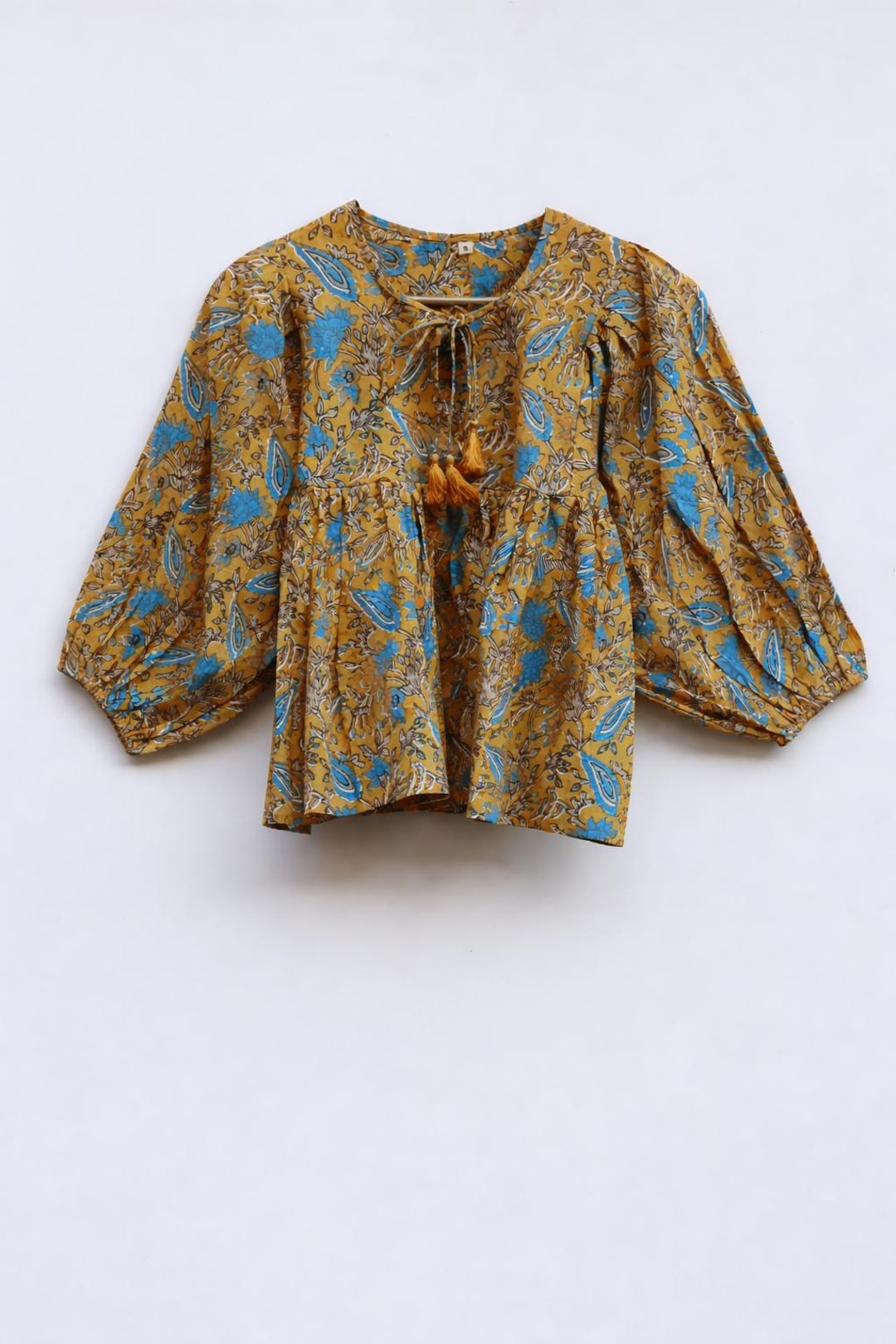 Mustard Yellow Floral Block Print Cotton Blouse, Tassel Tie Tunic - Etsy
