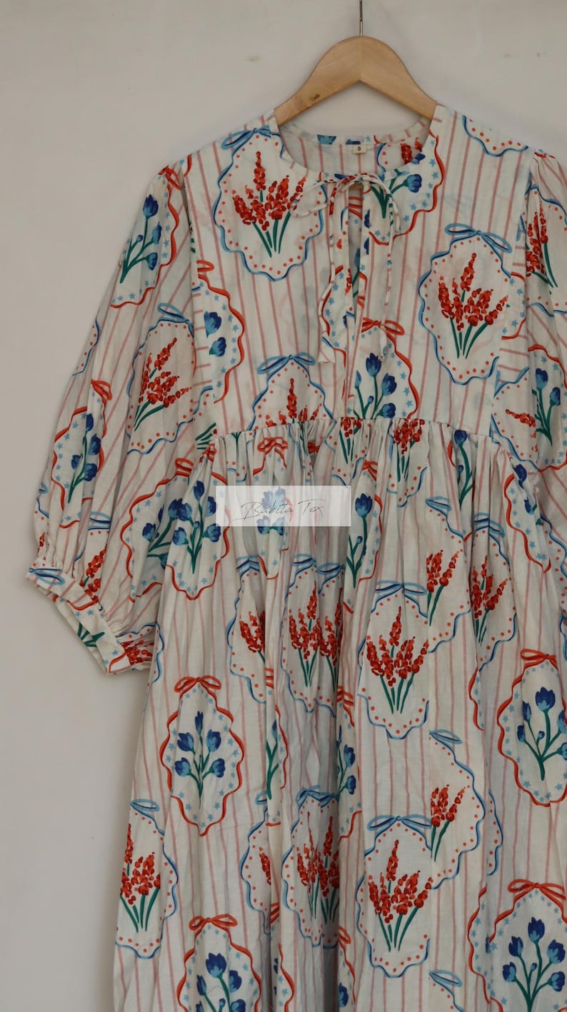 Handblock Print Cotton Gauze Midi Dress | Deep Neck Boho Style | String ...