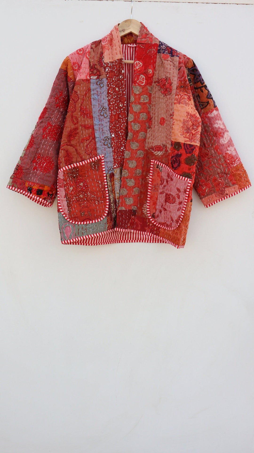 Kantha Jacket, Handmade Floral Embroidered Kantha Jacket, Japanese ...