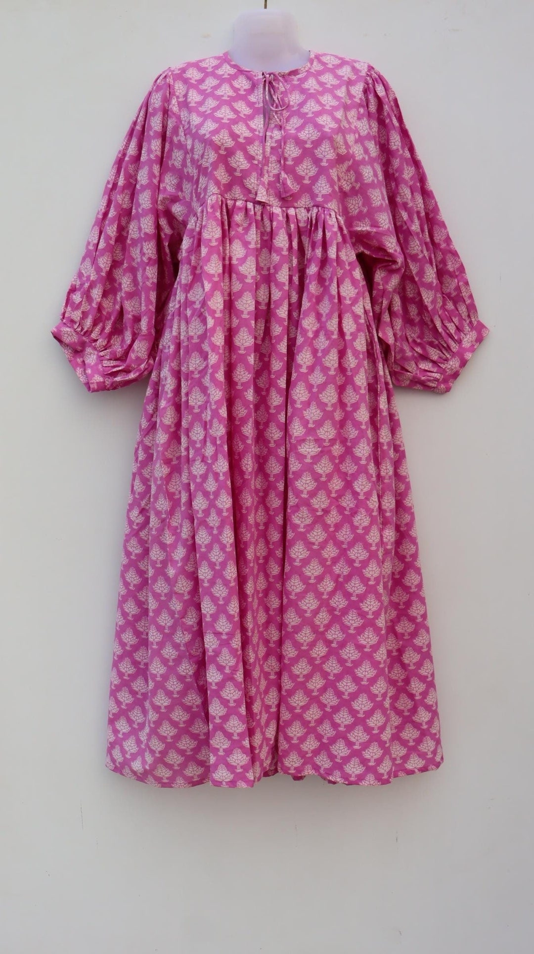 Handblock Print Cotton Gauze Dress | Deep Neck Boho Midi | String ...