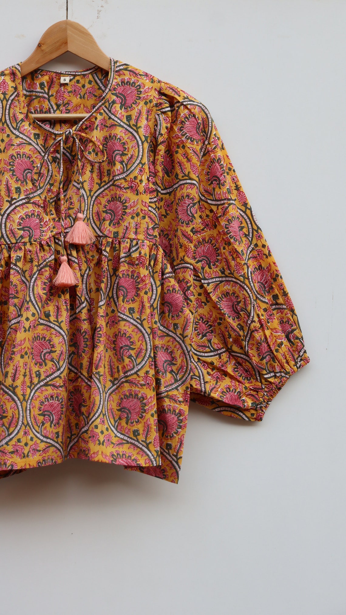 Hand Block Print Cotton Blouse, Boho Floral Tassel Tunic Top - Etsy