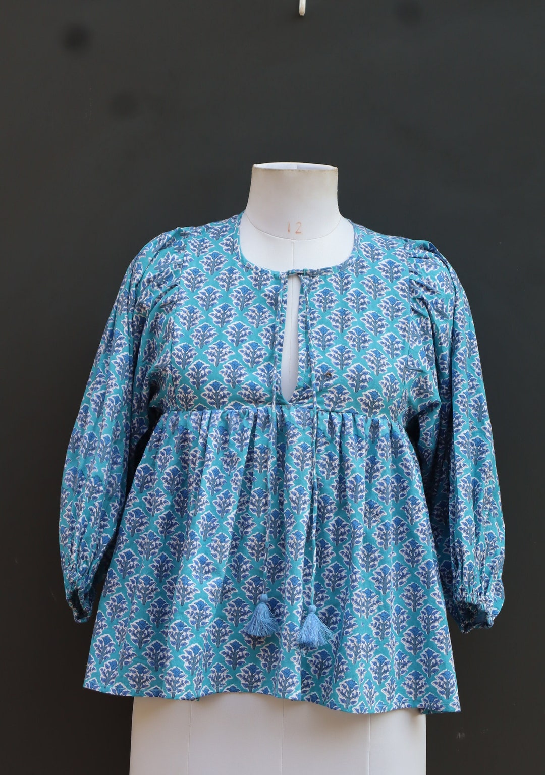 Handmade Blue Block Print Cotton Blouse - Bohemian Tassel Top - Etsy