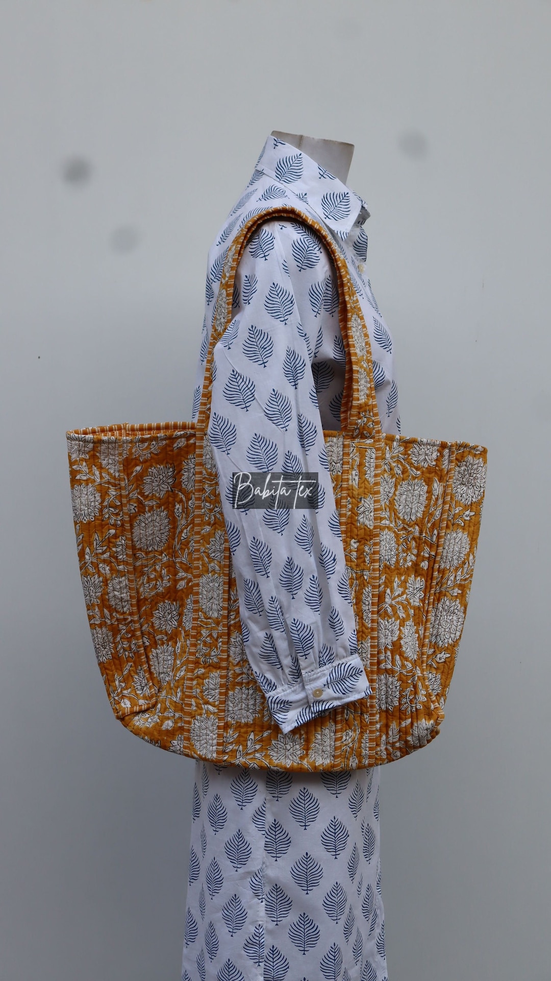 Handmade Quilted Tote Shopping Bag, Floral Print Cotton Market Bag ...