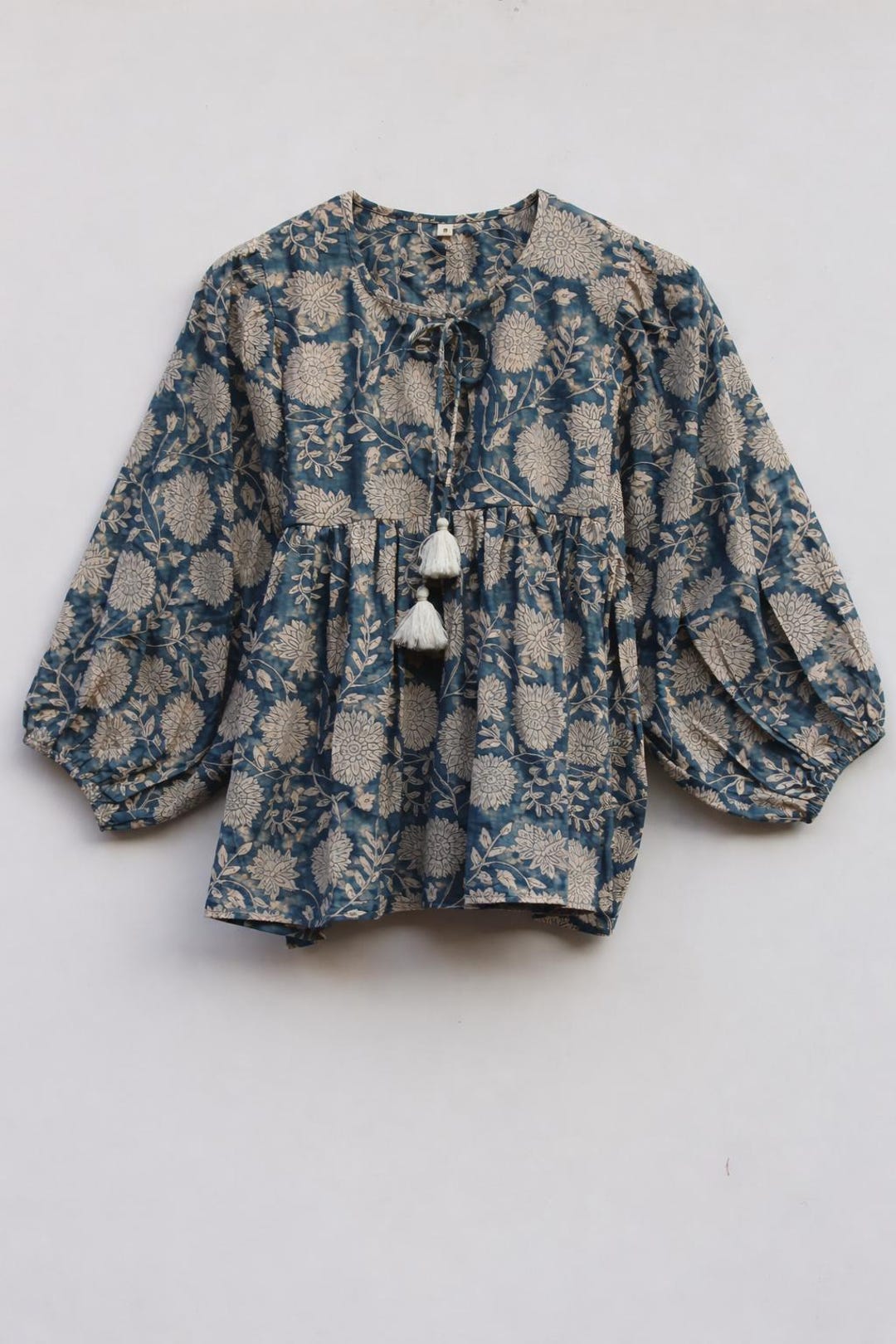 Blue Floral Block Print Blouse, Cotton Boho Peplum Top, Puff Sleeve ...