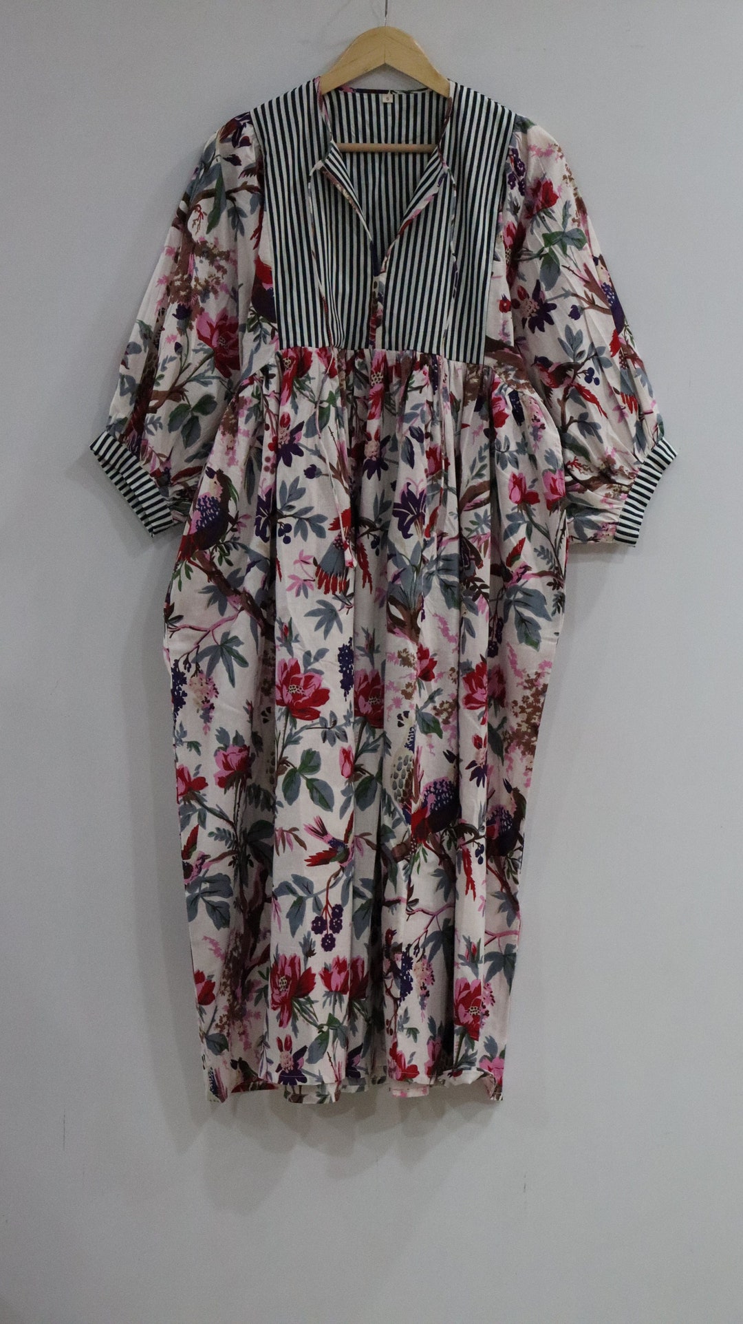 White Bird Cotton Gauze Dress: Bird Block Print, Deep Neck - Etsy
