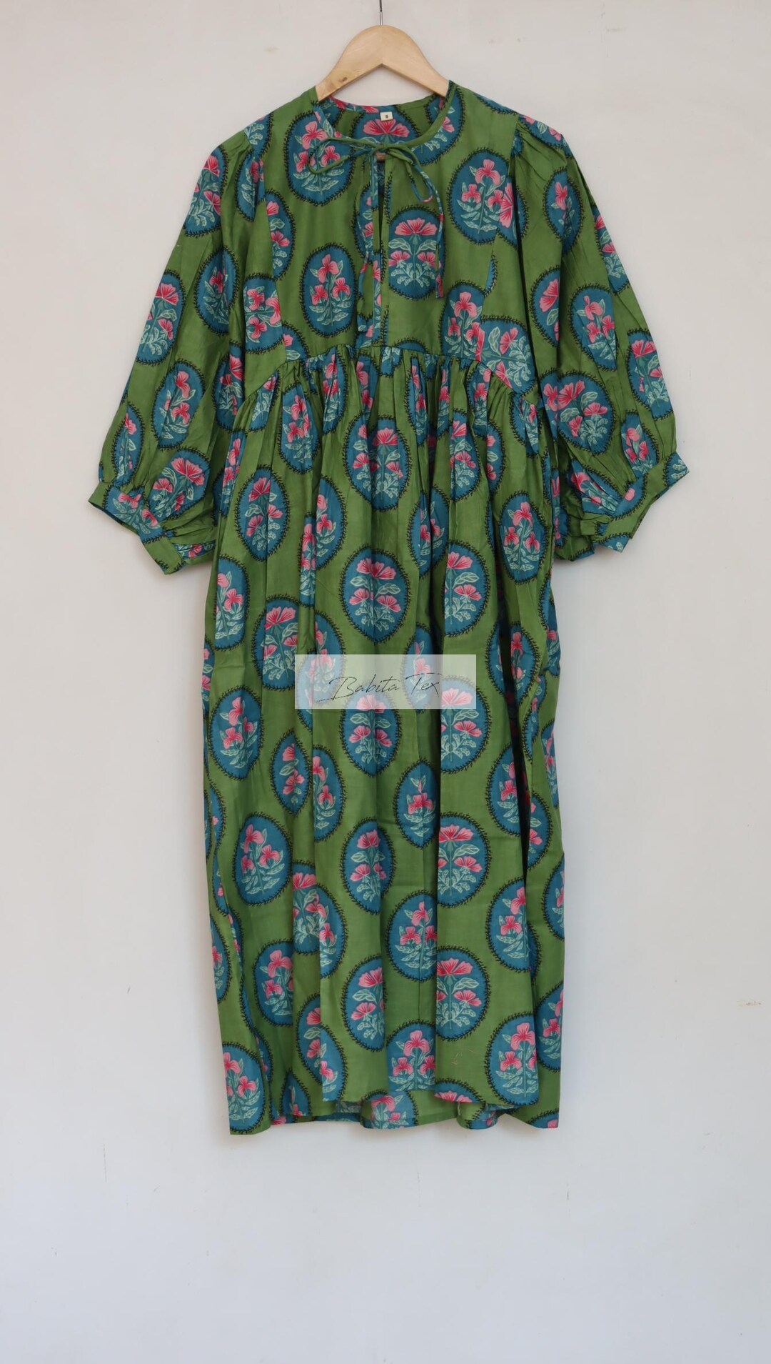 Handblock Print Cotton Gauze Midi Dress | Boho Deep Neck | String ...