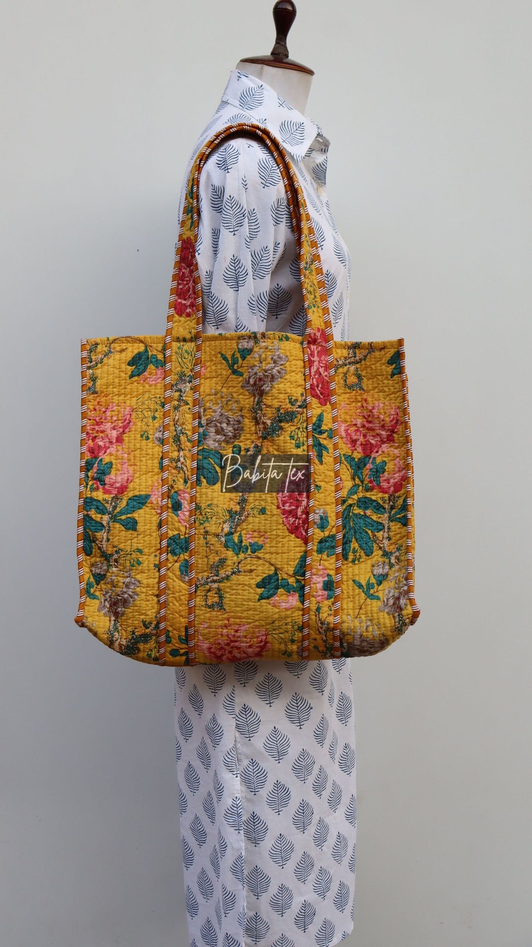 Handmade Quilted Tote Shopping Bag, Floral Print Cotton Market Bag ...