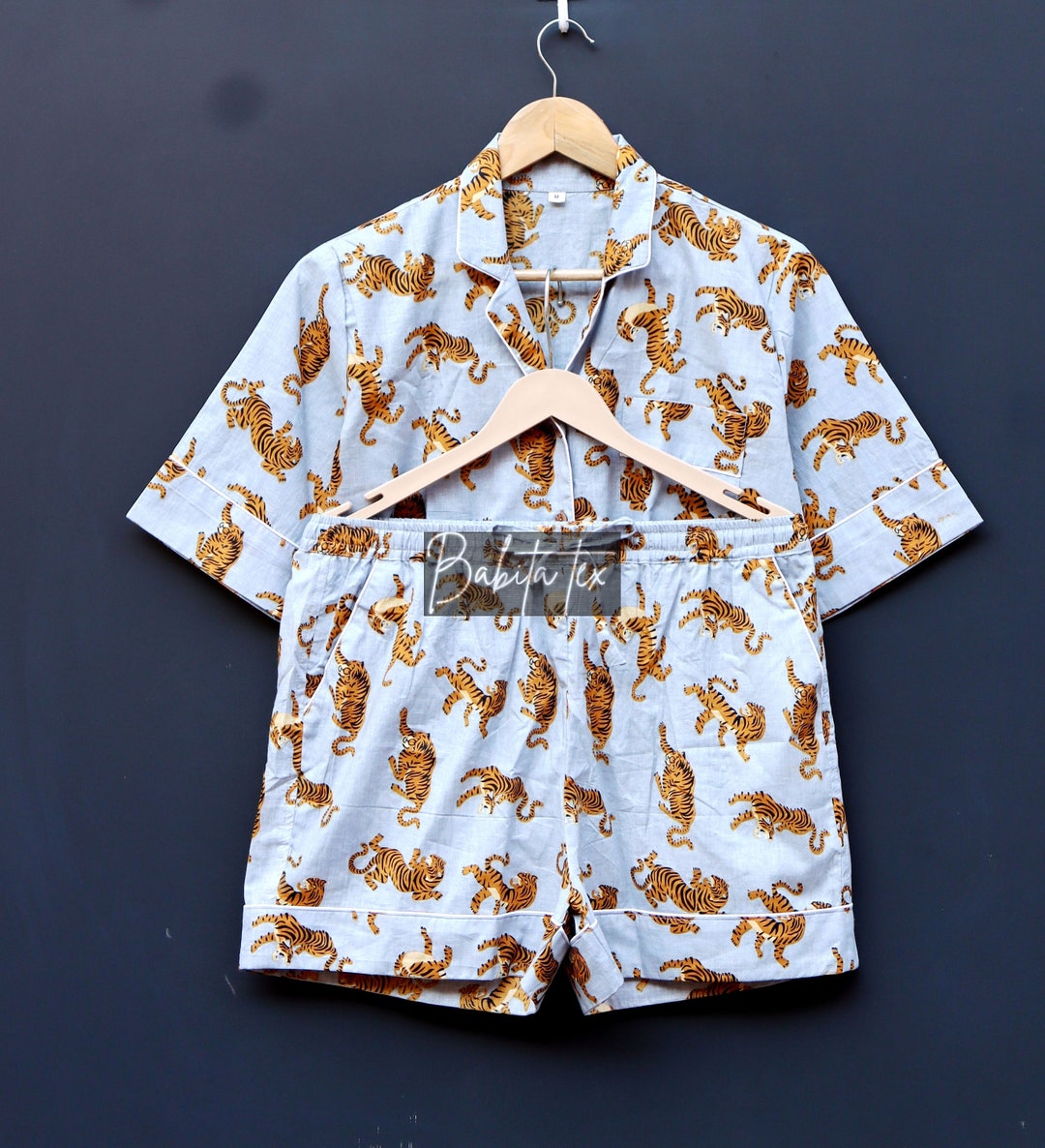 Tiger Print Short Pajamas, Animal Print Pure Cotton Pjs, Pajamas Set ...