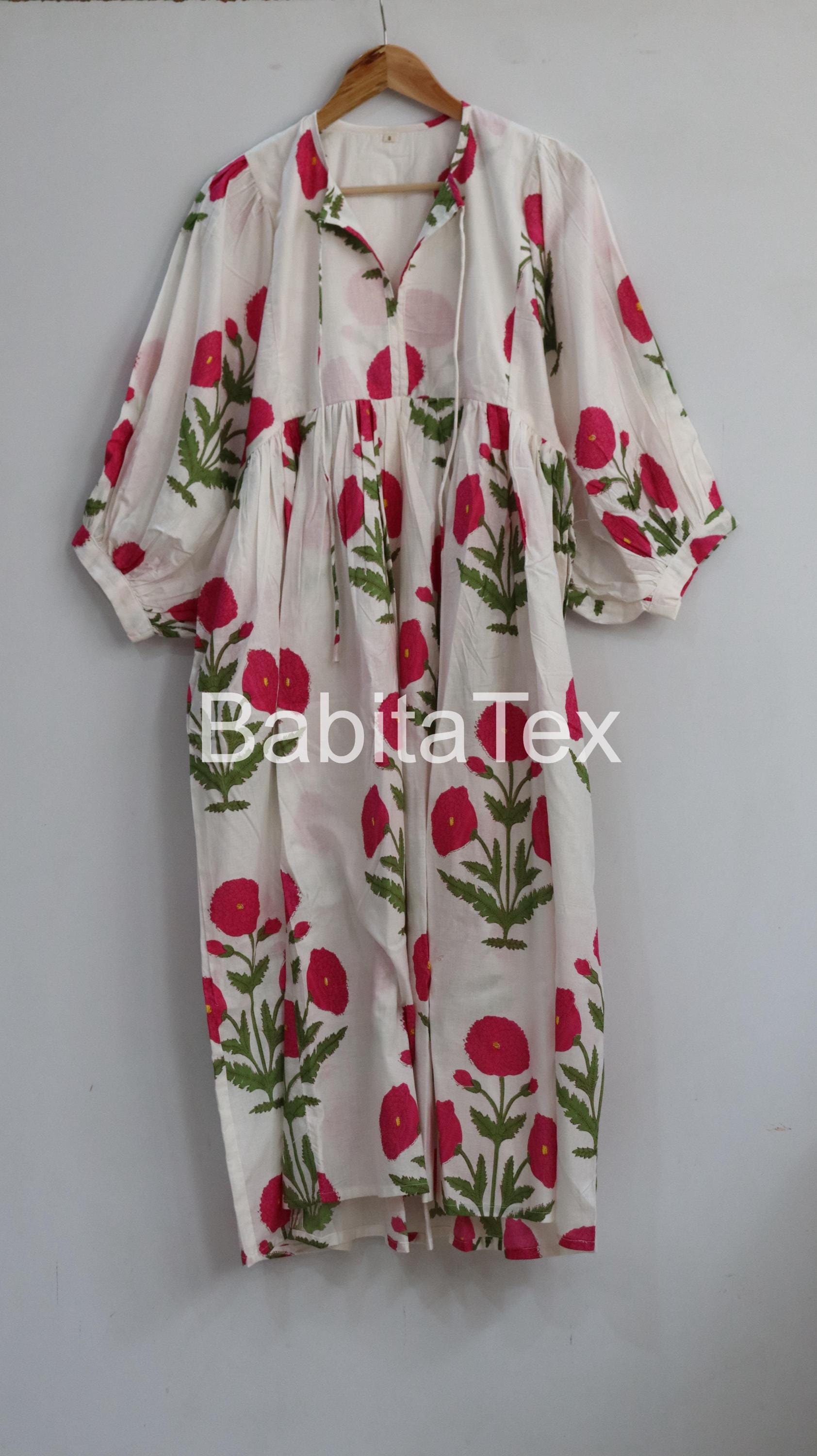 Floral Hand Block Print Kyra Midi Dress | Bohemian Cotton Dress ...