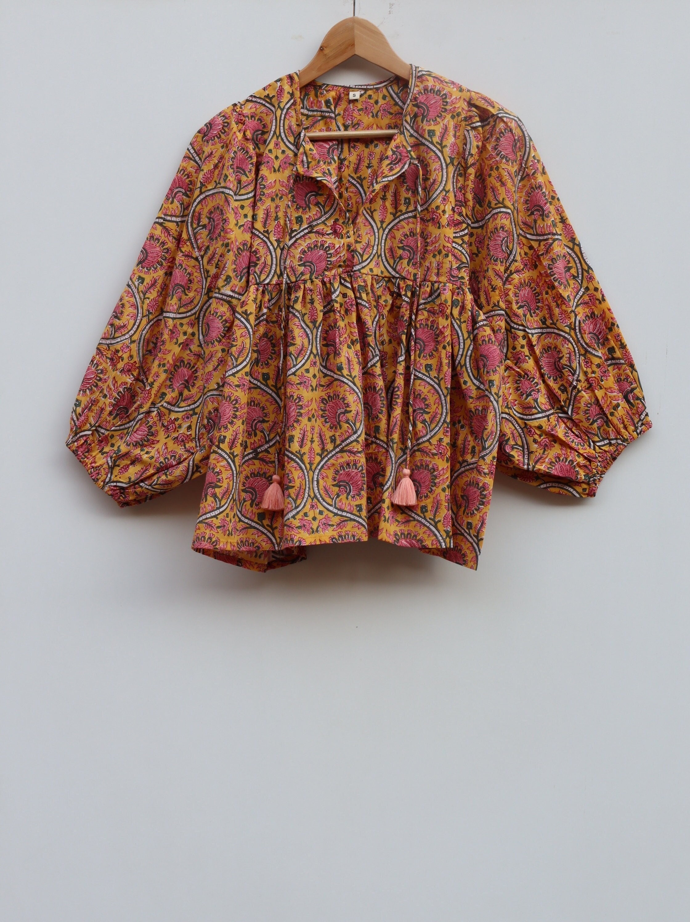 Hand Block Print Cotton Blouse, Boho Floral Tassel Tunic Top - Etsy
