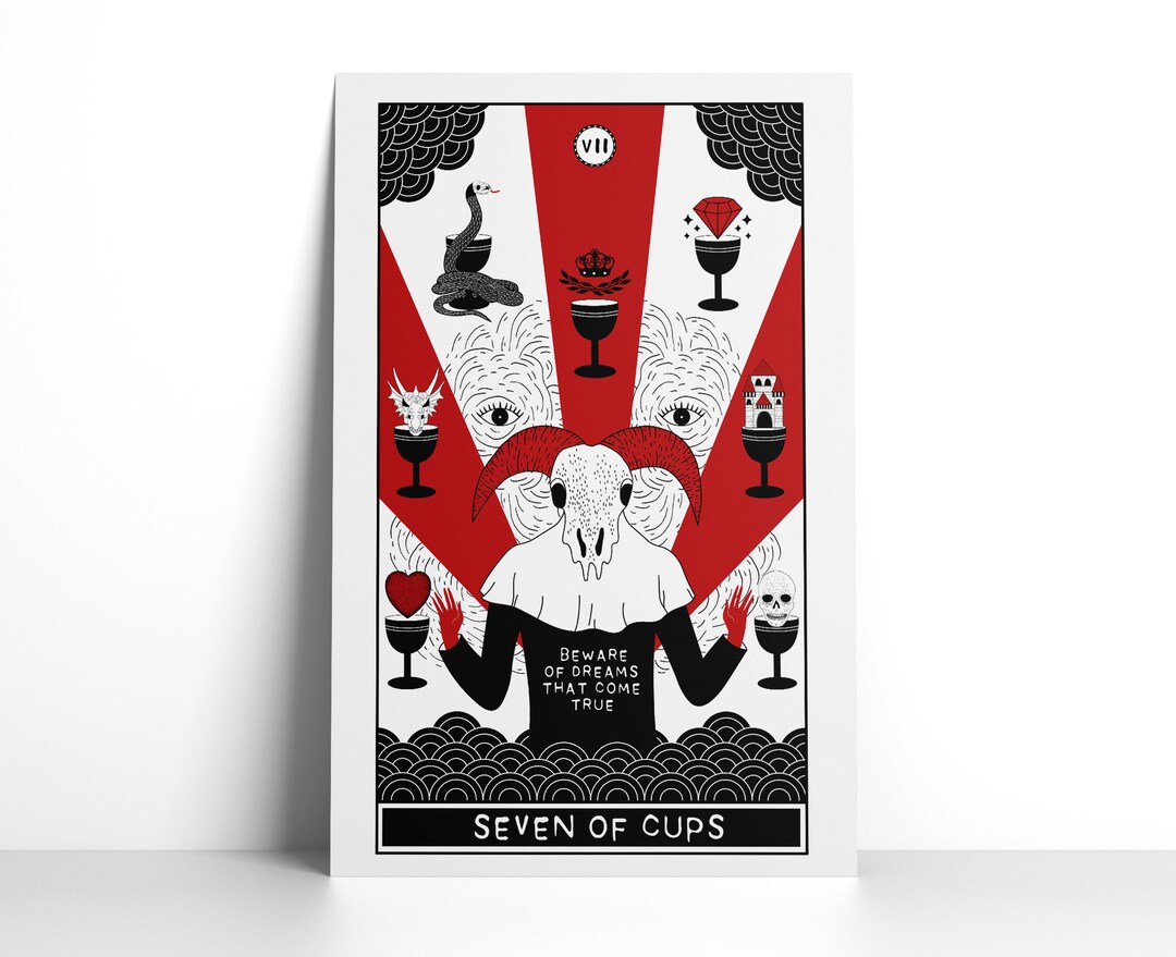 Seven of Cups Tarot Card A4 Illustration Goats Design Black Red White ...