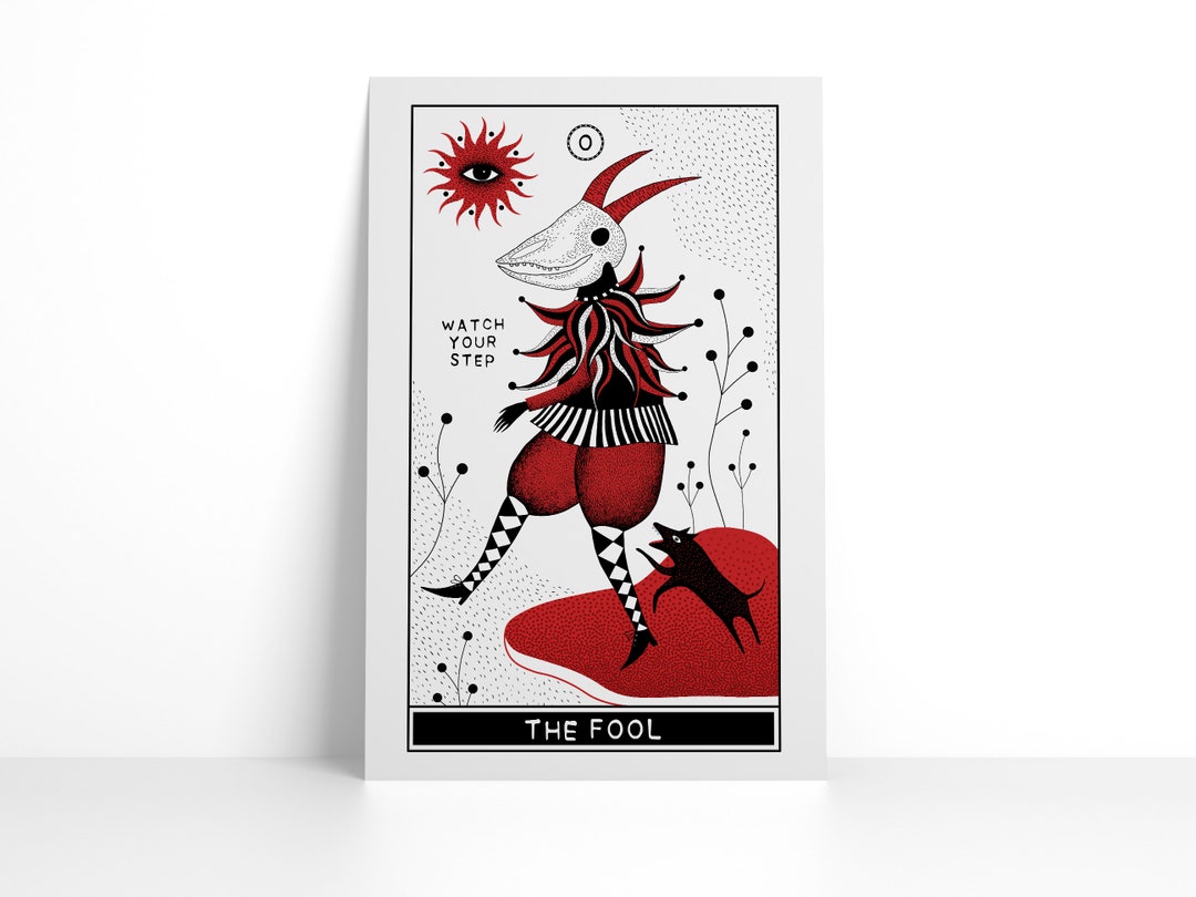 The Fool Tarot Card A4 Illustration Goats Design Black Red White Ink ...