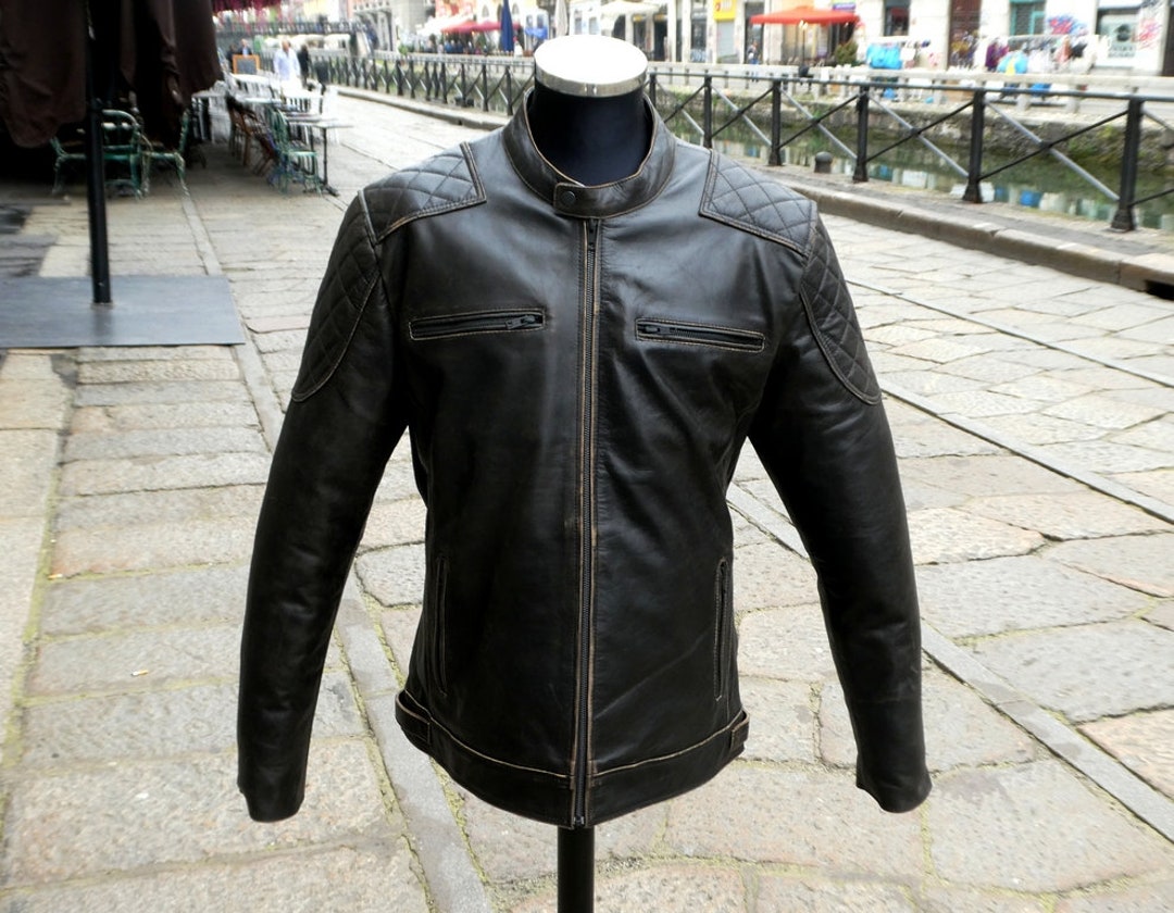 Guendj Black Biker Leather Jacket With Aged Finishes Size XXL - Etsy