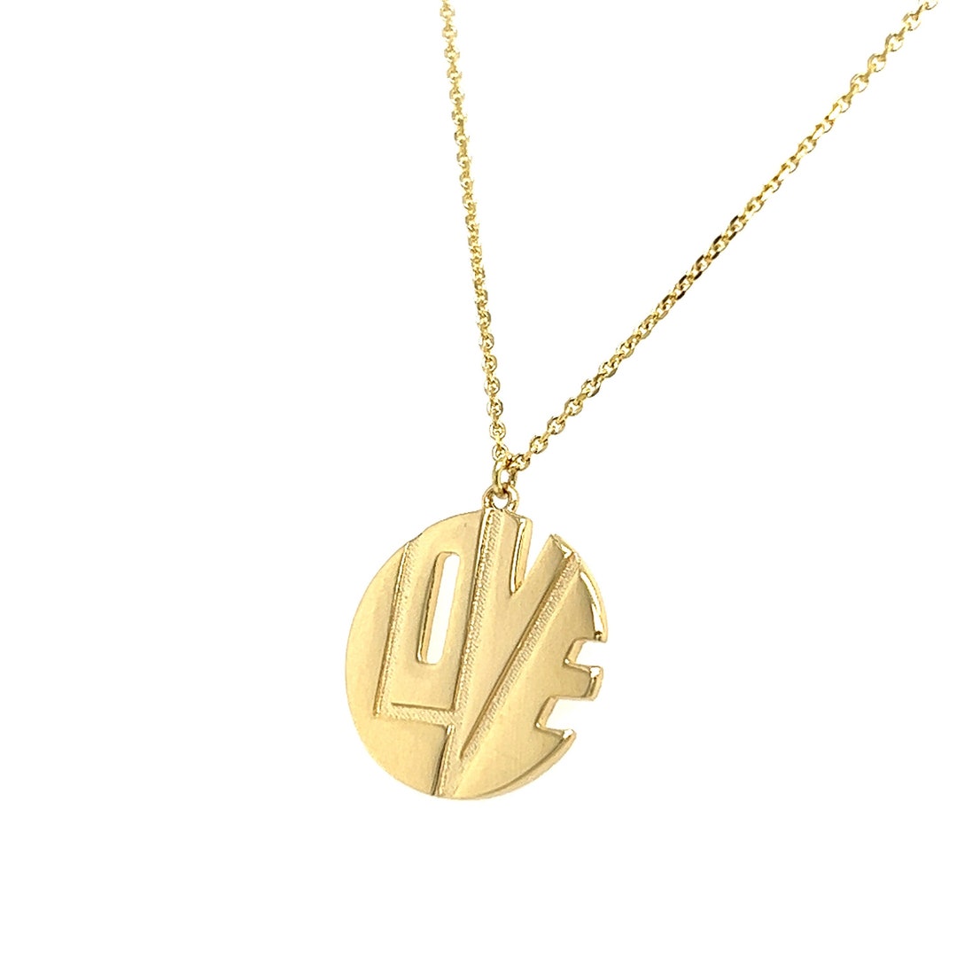 14K Yellow Gold Love Medallion Necklace: Retro Script Disc Pendant - Etsy
