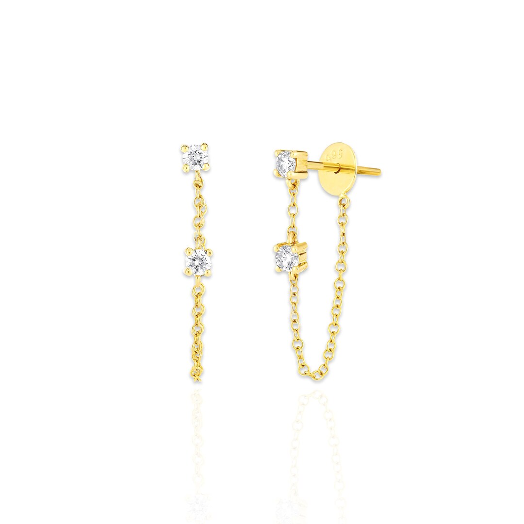 14K Gold Double Diamond Drop Chain Earrings: Front to Back Chain ...