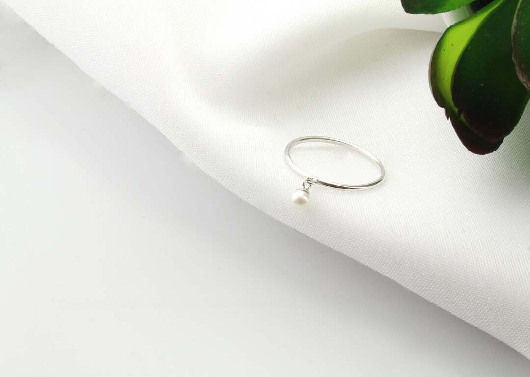14K Gold Freshwater Pearl Dangle Ring: Delicate Stacking Band - Etsy