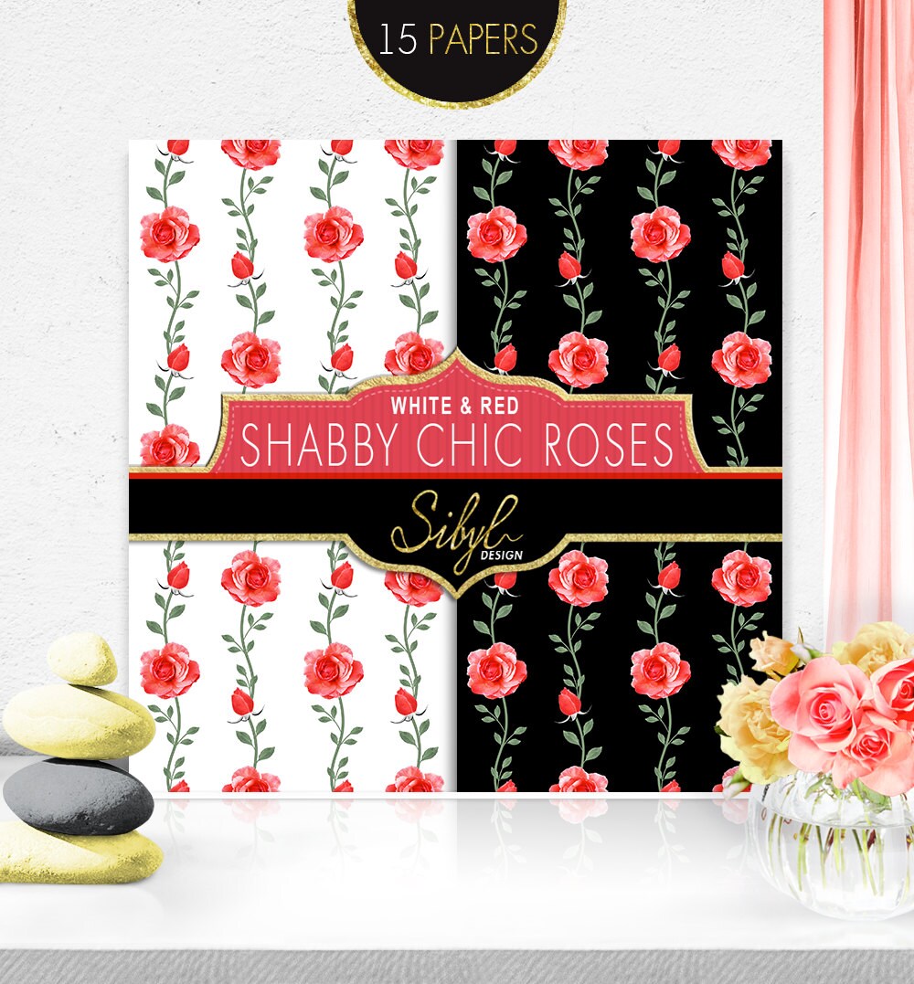 Floral Digital Paper Shabby Chic Red Roses Papers Wedding - Etsy