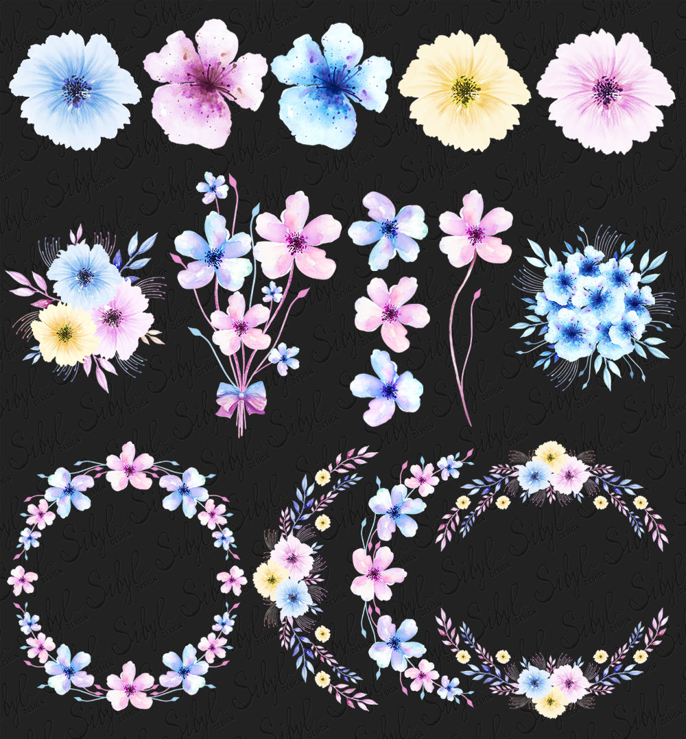 Digital Watercolor Floral Clipart, Pastel Flowers Bouquets, Watercolor ...