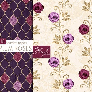 Floral Digital Paper, Purple Roses Seamless Pattern, Autumn Roses Paper ...