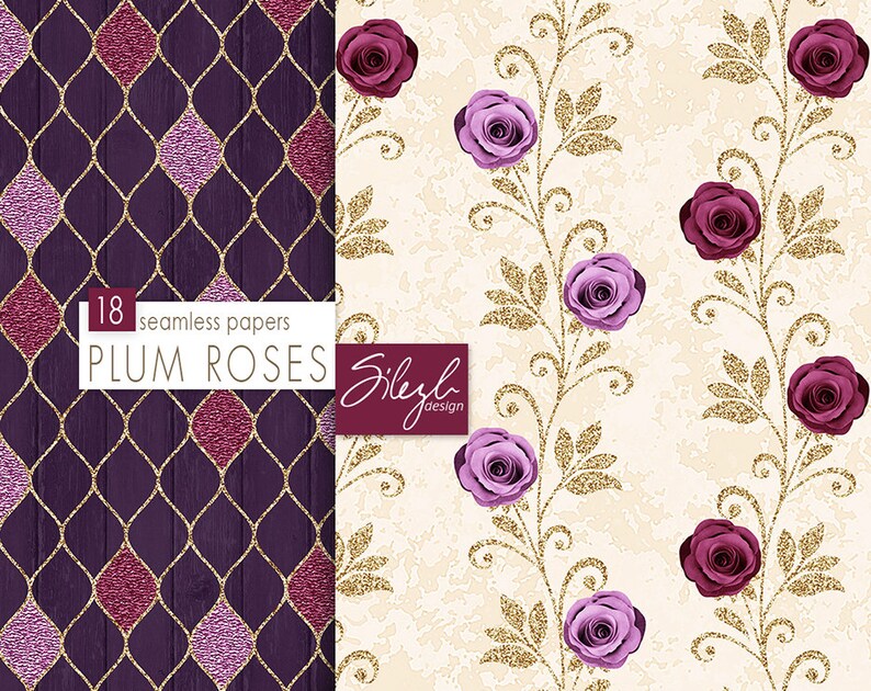 Floral Digital Paper Purple Roses Seamless Pattern Autumn - Etsy